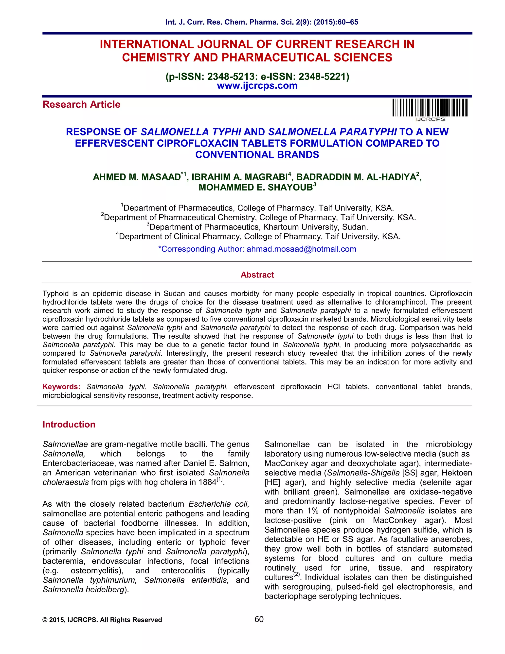 RESPONSE OF SALMONELLA TYPHI AND SALMONELLA PARATYPHI TO A NEW ...