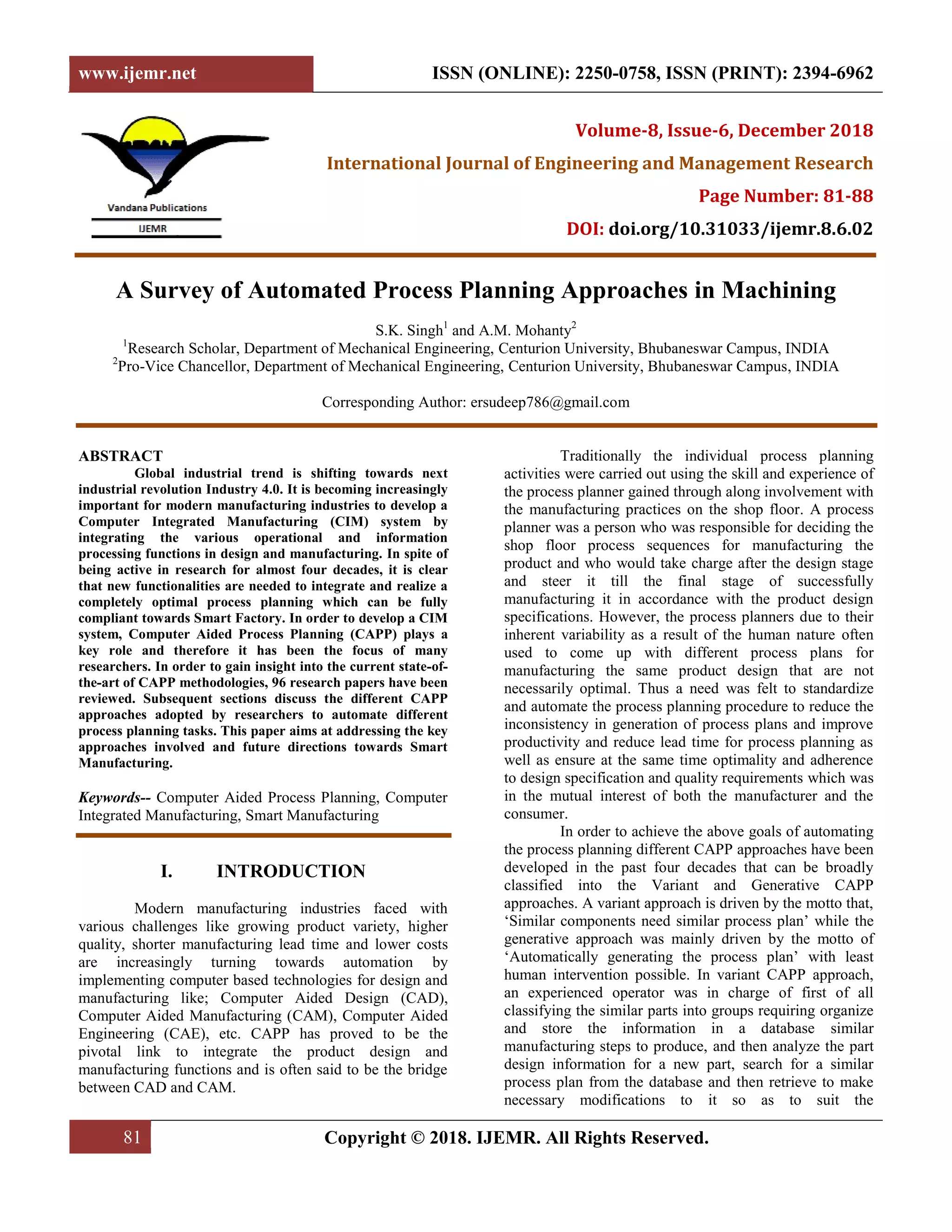 A Survey of Automated Process Planning Approaches in Machining | PDF