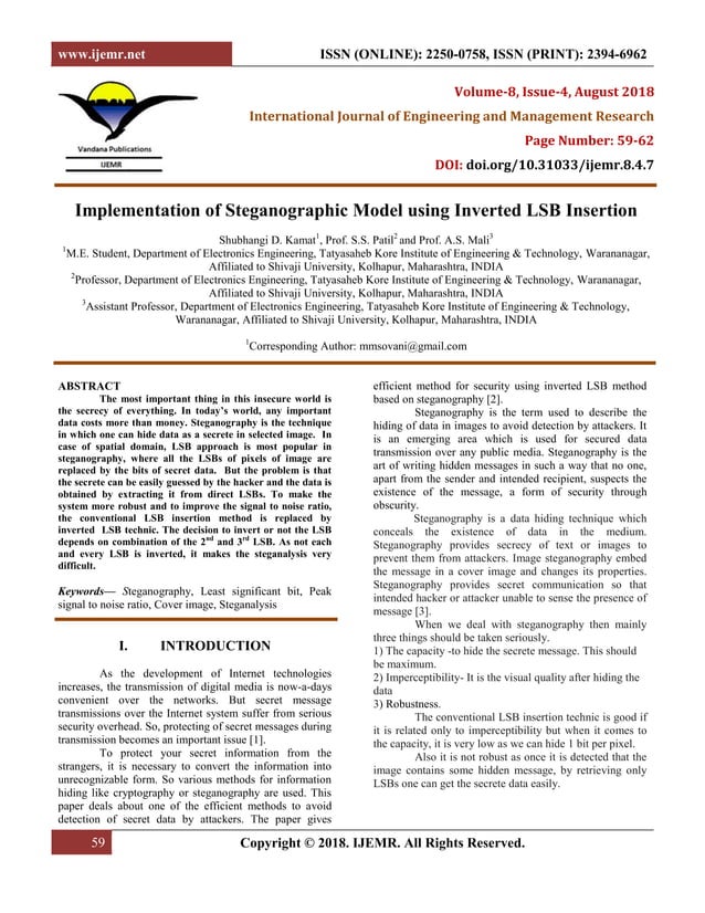 Implementation of Steganographic Model using Inverted LSB Insertion | PDF
