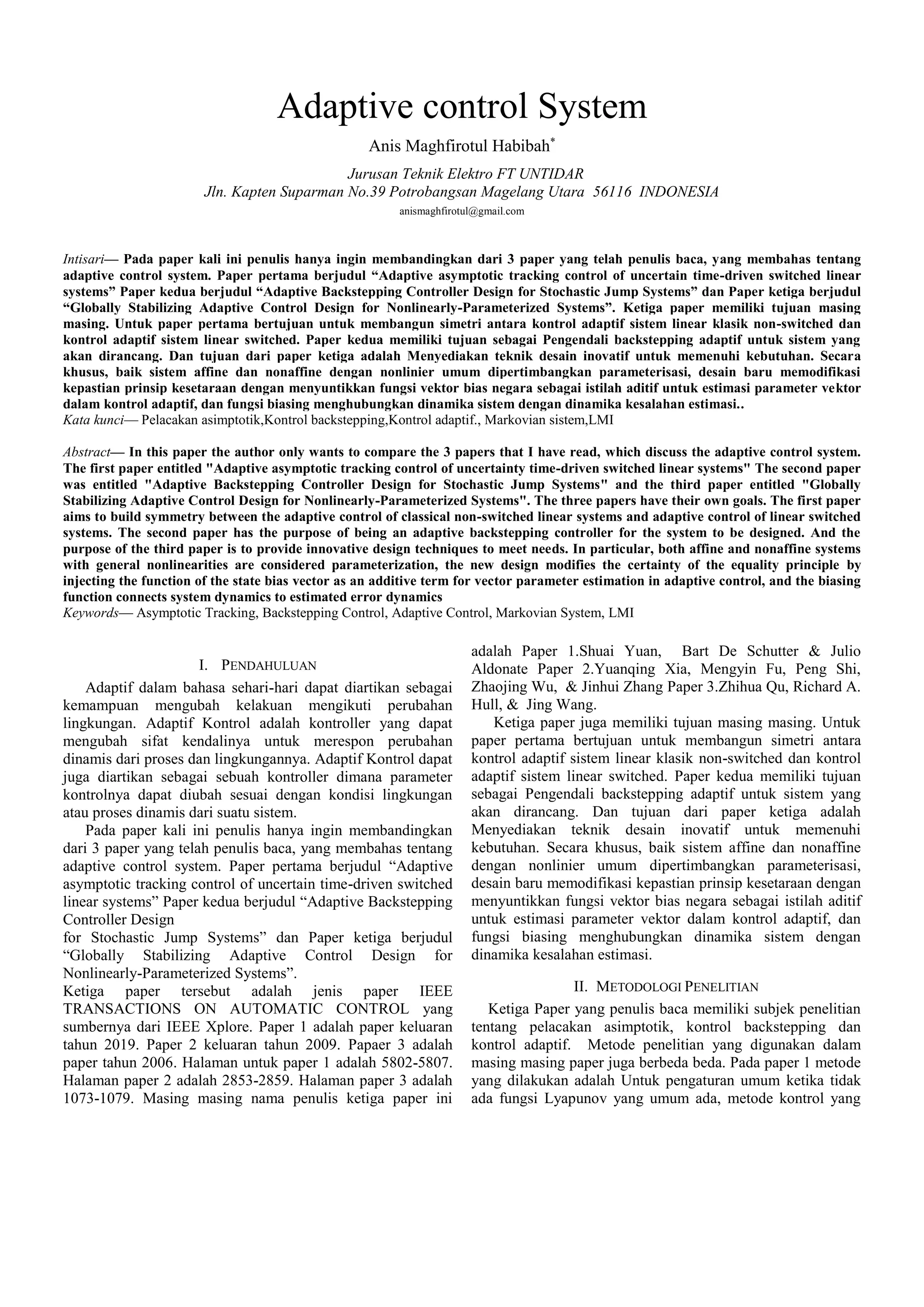 Paper adaptive control system (anis mh) | PDF