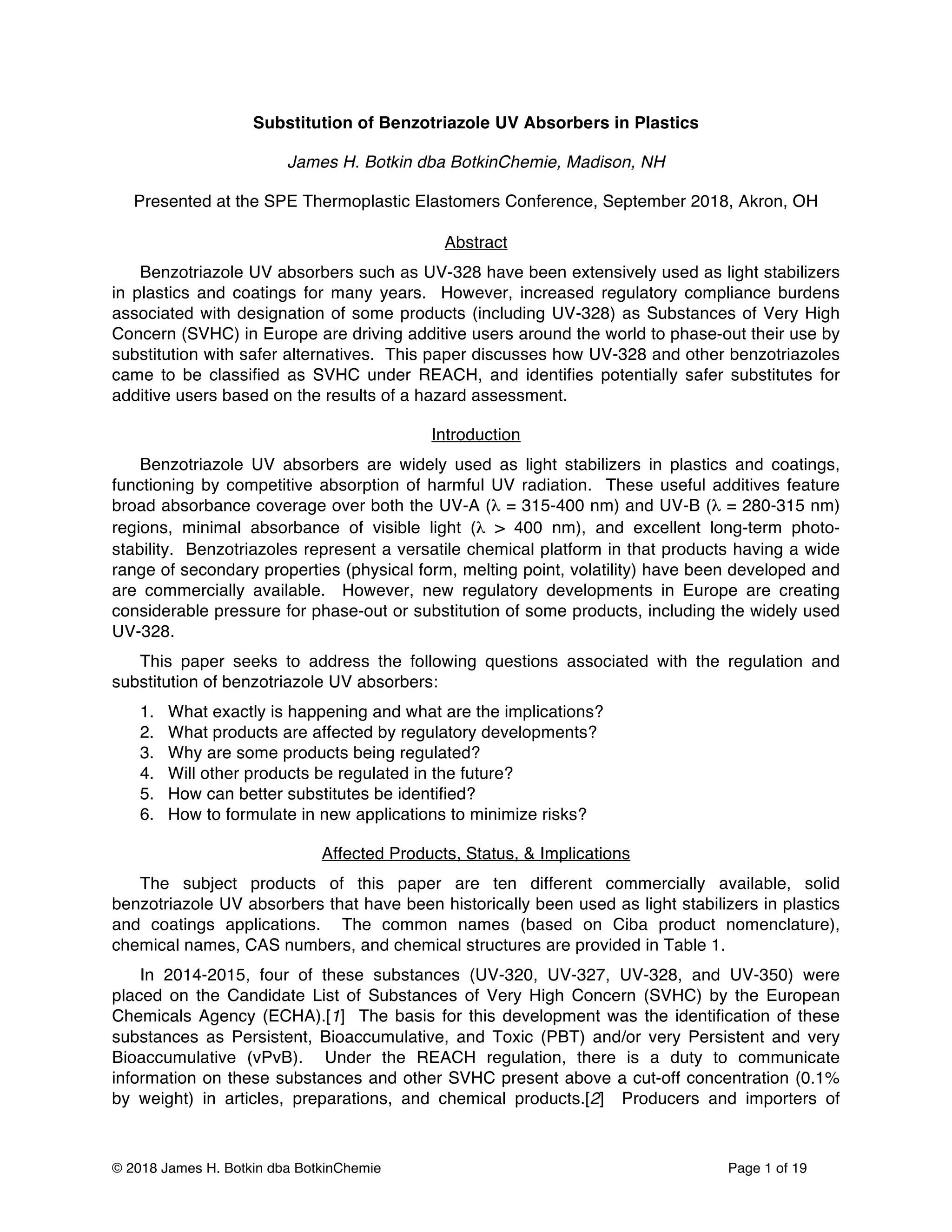 Substitution of Benzotriazole UV Absorbers in Plastics | PDF