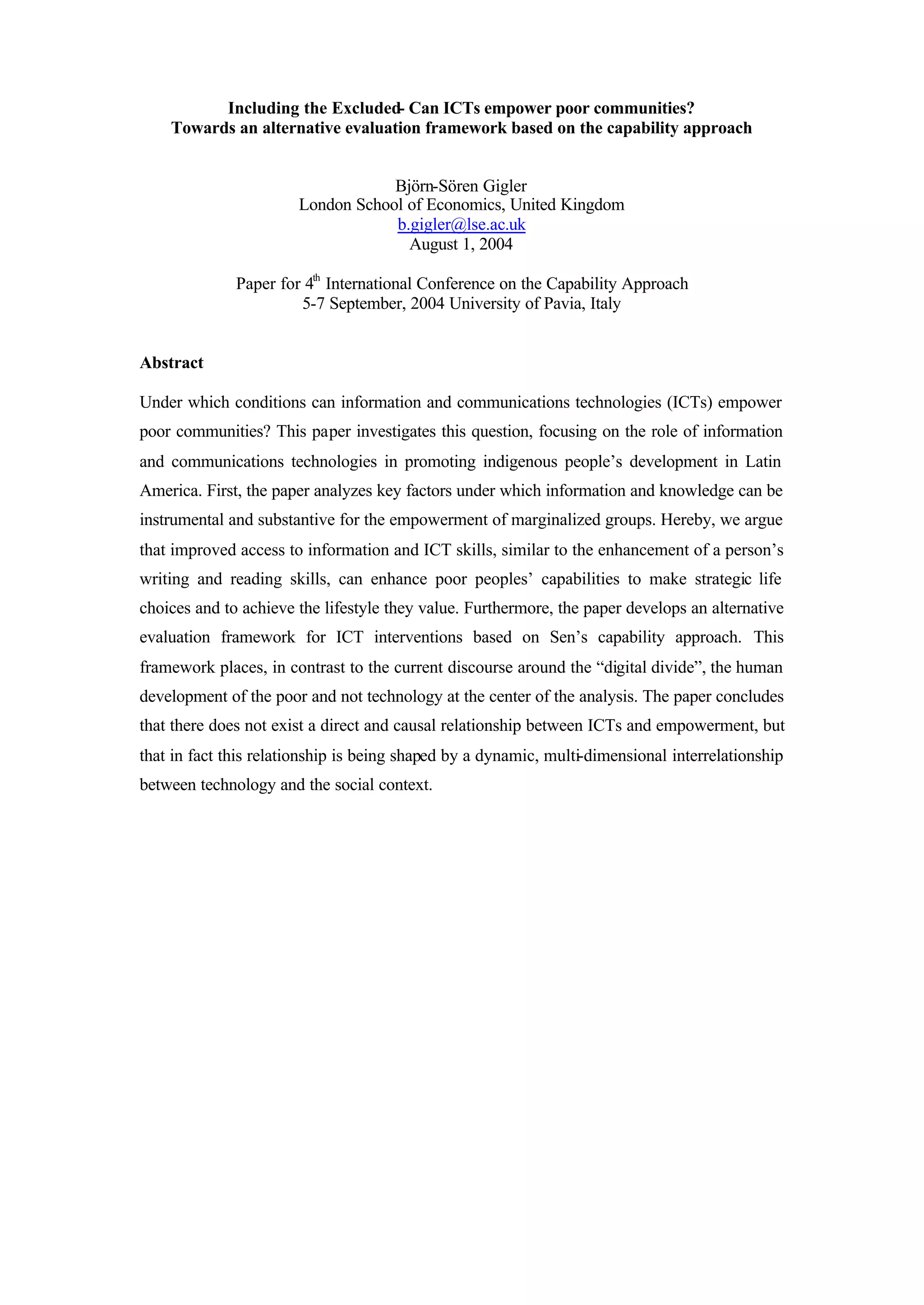 Including the Excluded Can ICTs empower poor communities? Towards an ...