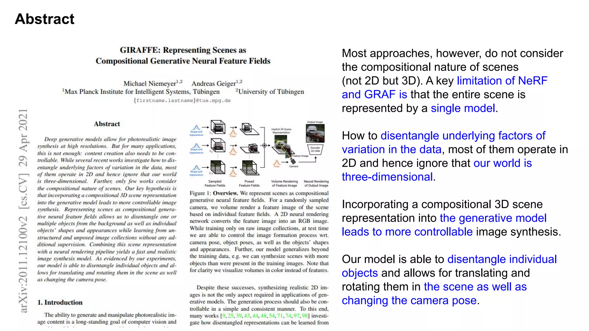 [Paper] GIRAFFE: Representing Scenes as Compositional Generative Neural Feature Fields | PPT