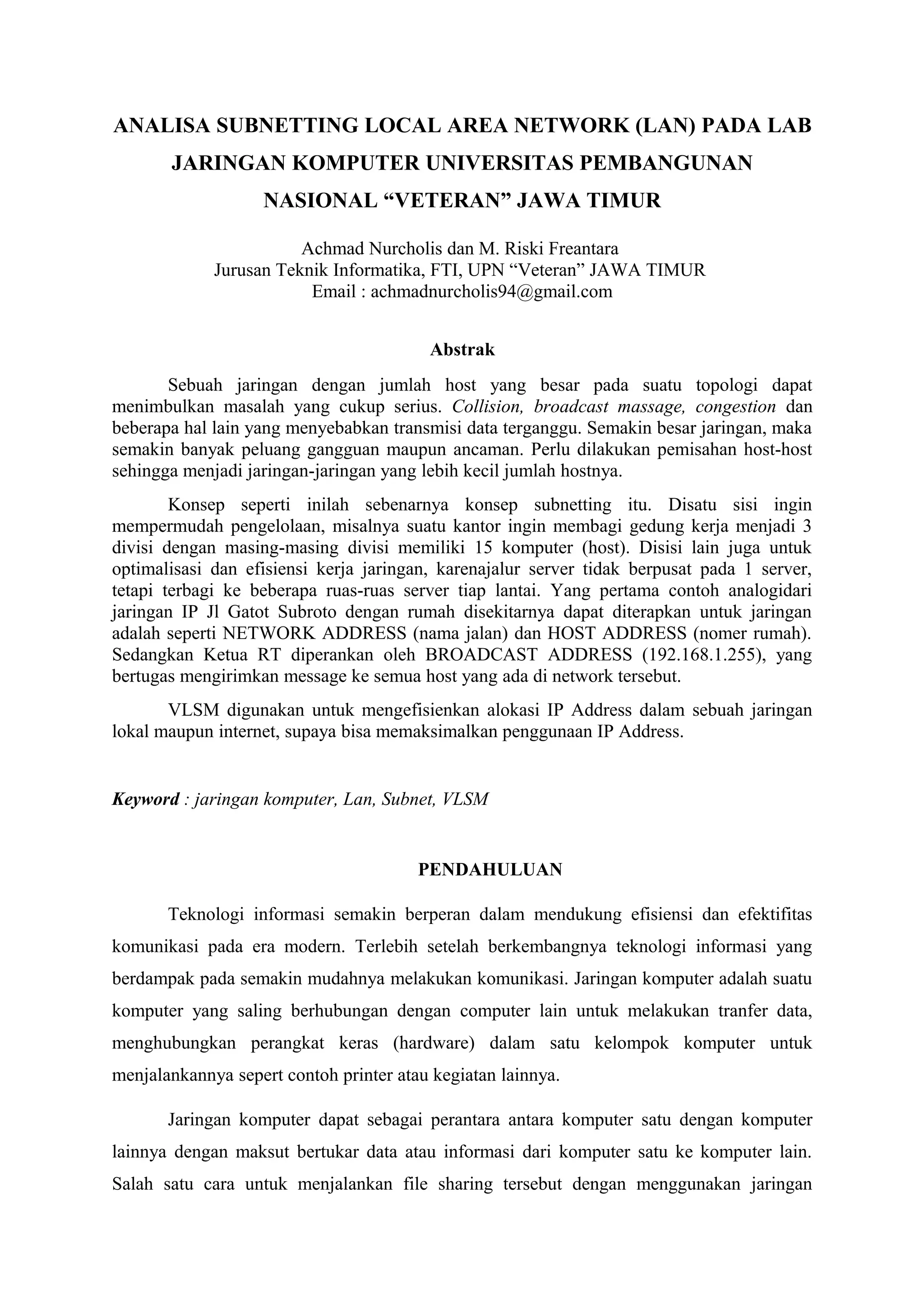 Analisa Subnetting Local Area Network (Lan) Pada Lab Jaringan Komputer ...