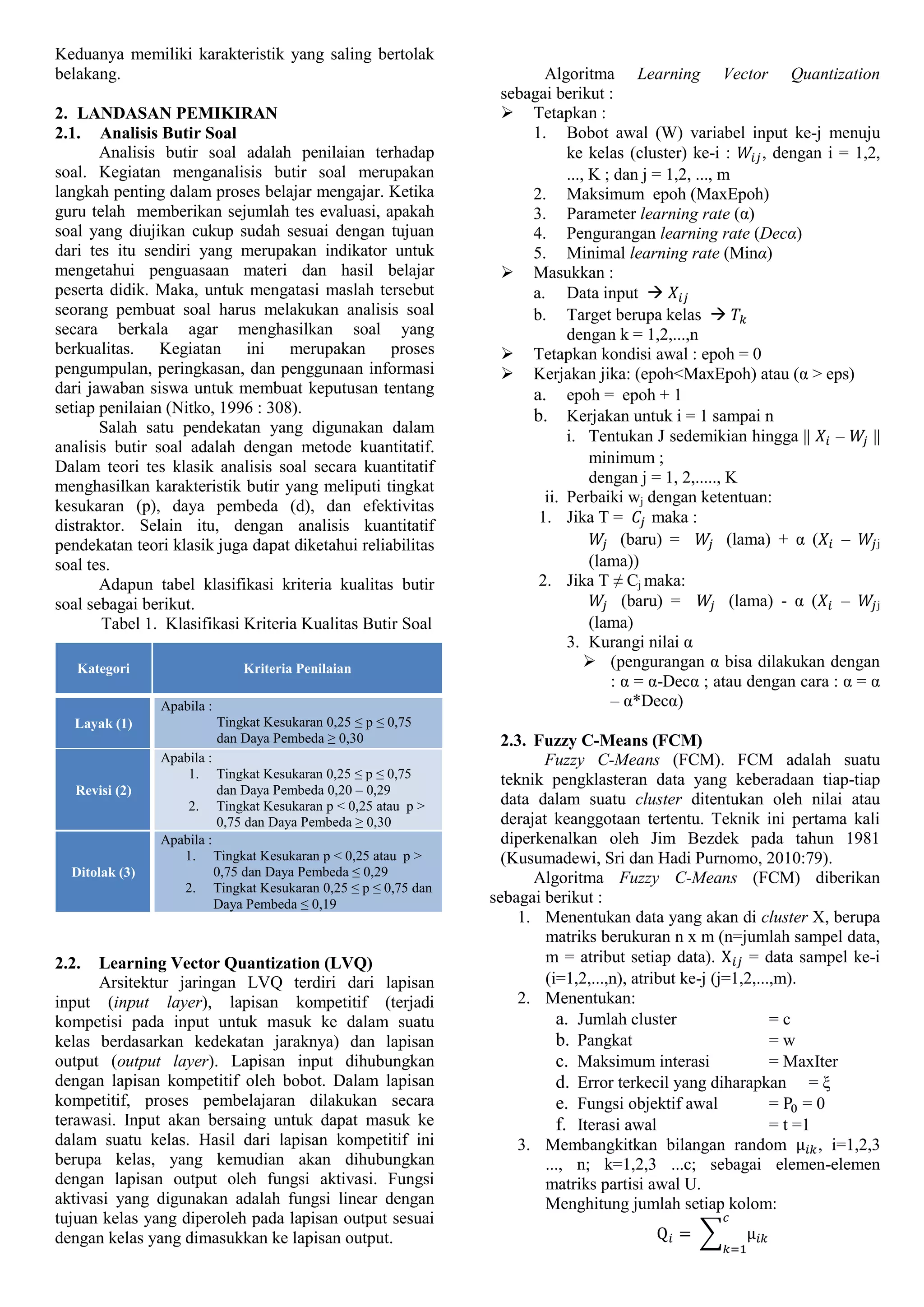 komparasi LVQ dengan FCM dalam Analisis Butir Soal | PDF