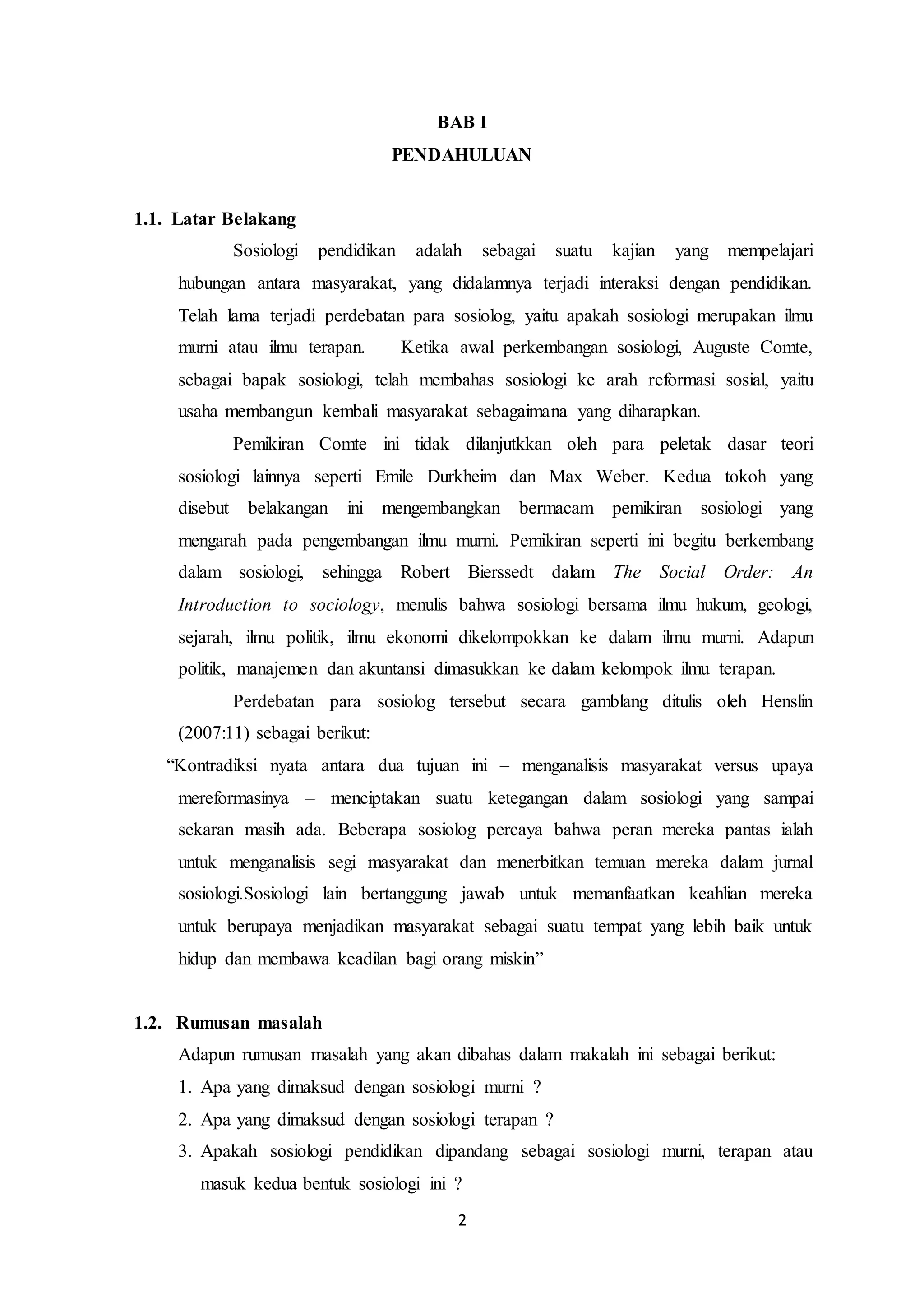 Paper lengkap sosiologi pendidikan sebagai ilmu murni&ilmu ;terapan | DOCX