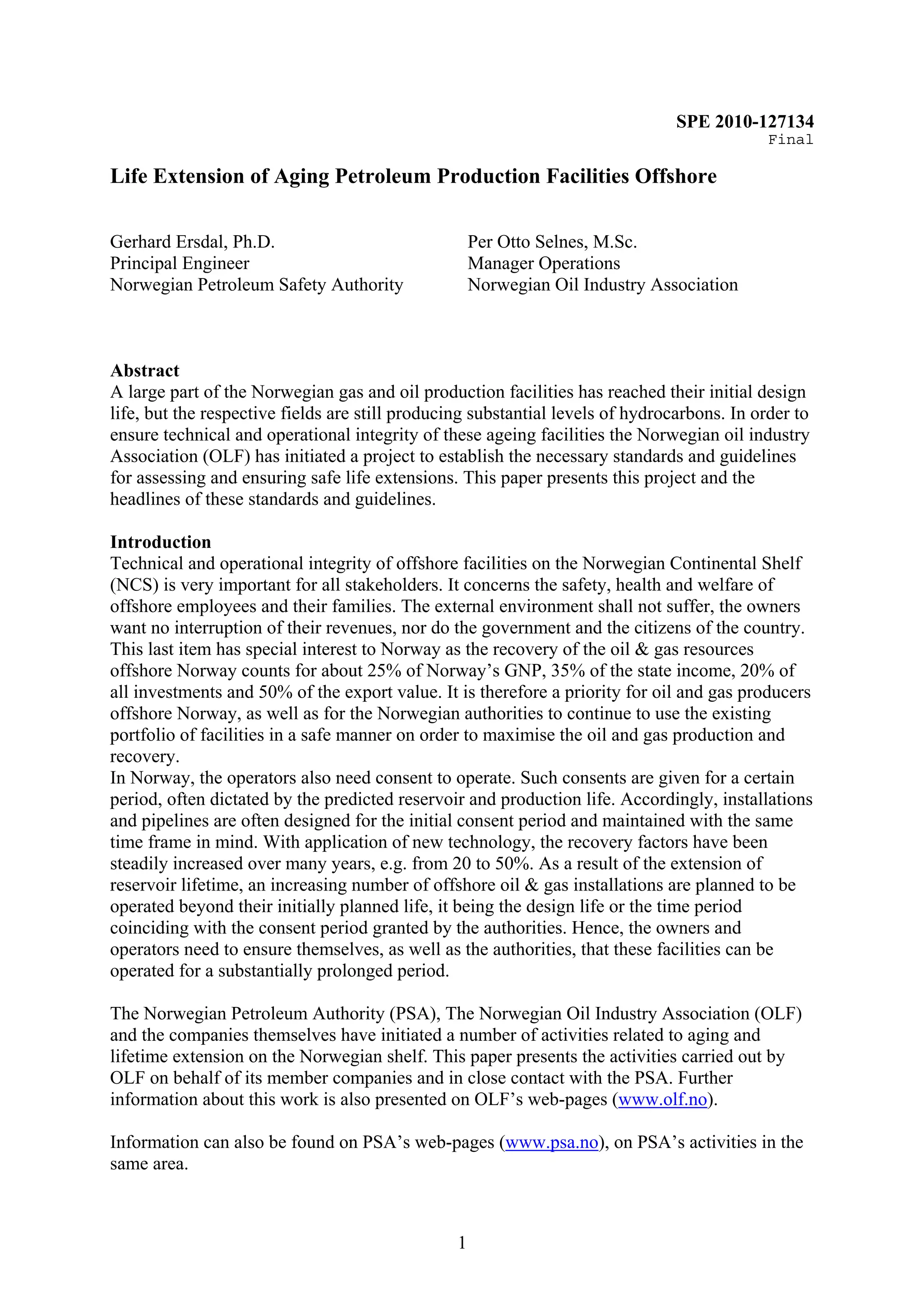 Paper: Life Extension of Aging Petroleum Production Facilities Offshore ...