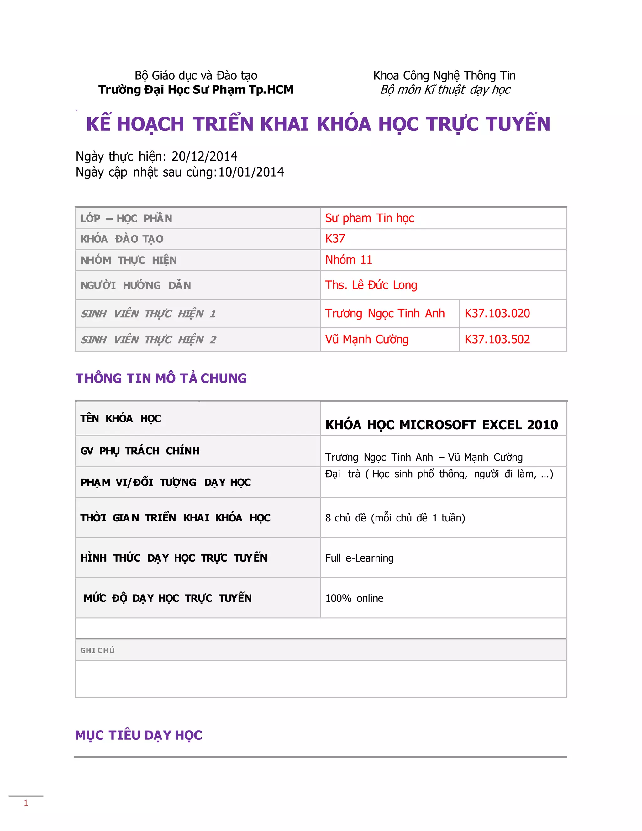 Ke hoach trien khai khoa hoc (e-learning) | PDF