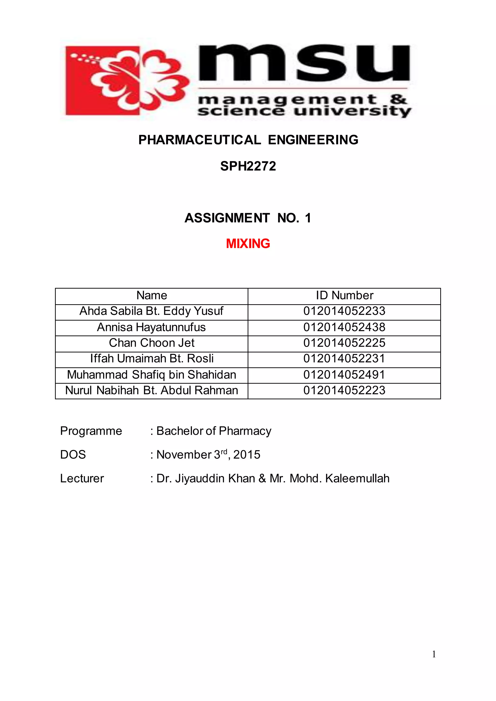 [Paperwork] Mixing - Pharmaceutical Engineering | PDF