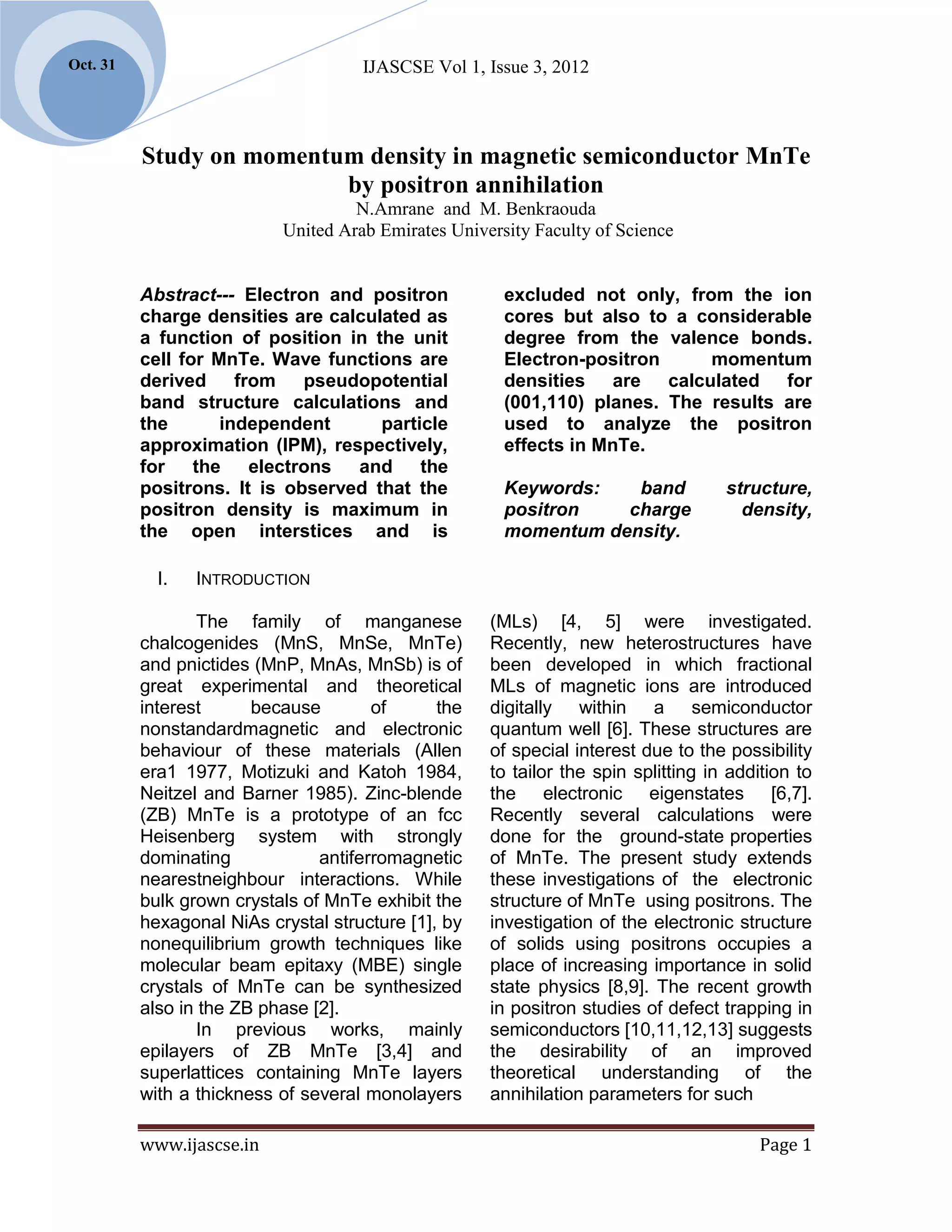 Study on momentum density in magnetic semiconductor MnTe by positron ...