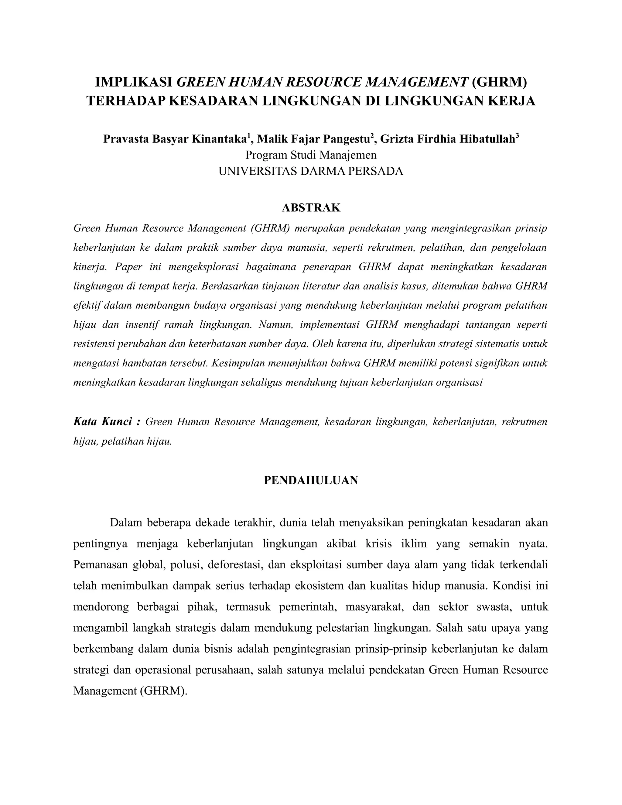IMPLIKASI GREEN HUMAN RESOURCE MANAGEMENT (GHRM) TERHADAP KESADARAN ...