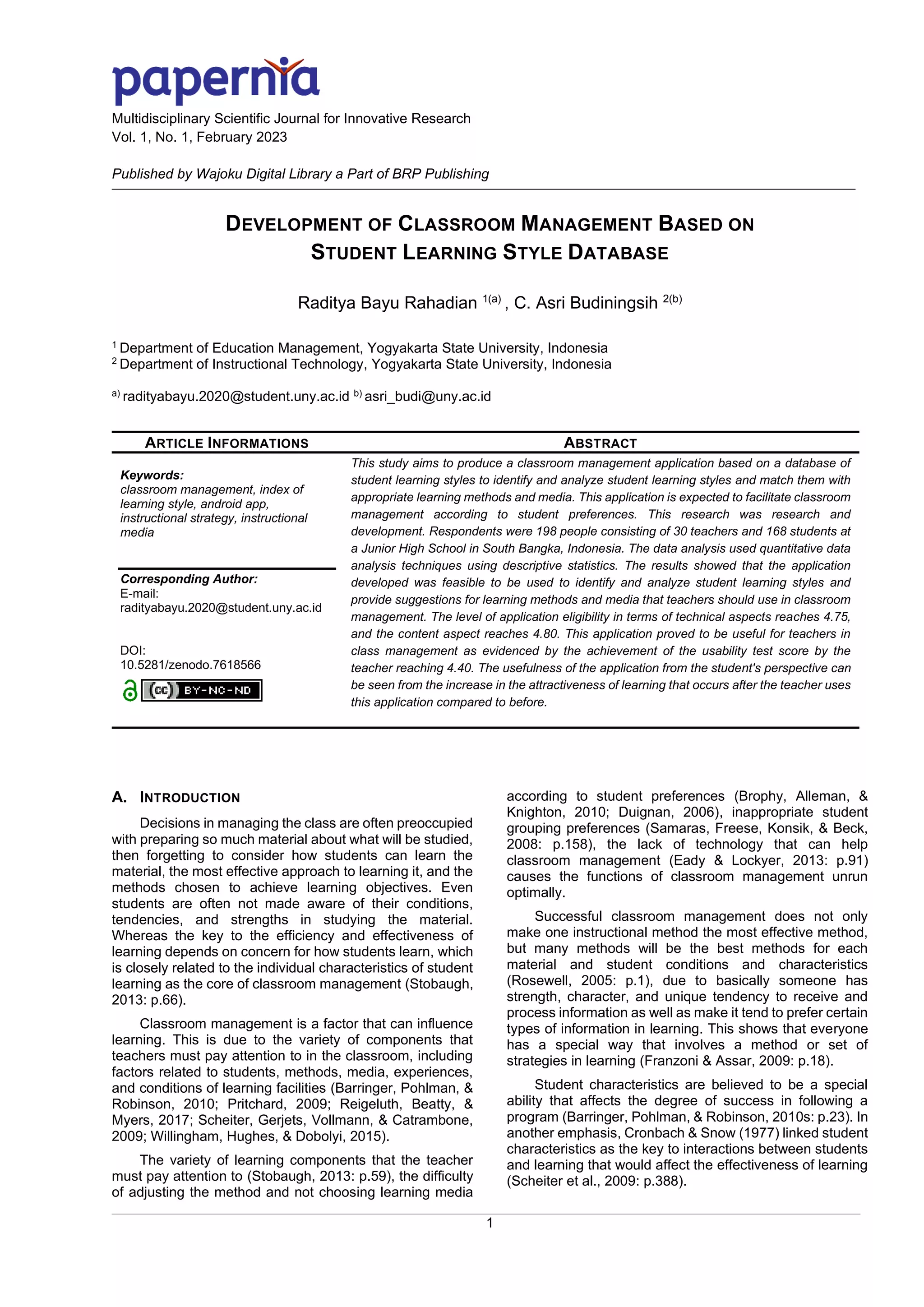Development of Classroom Management Based on Student Learning Style Database | PDF