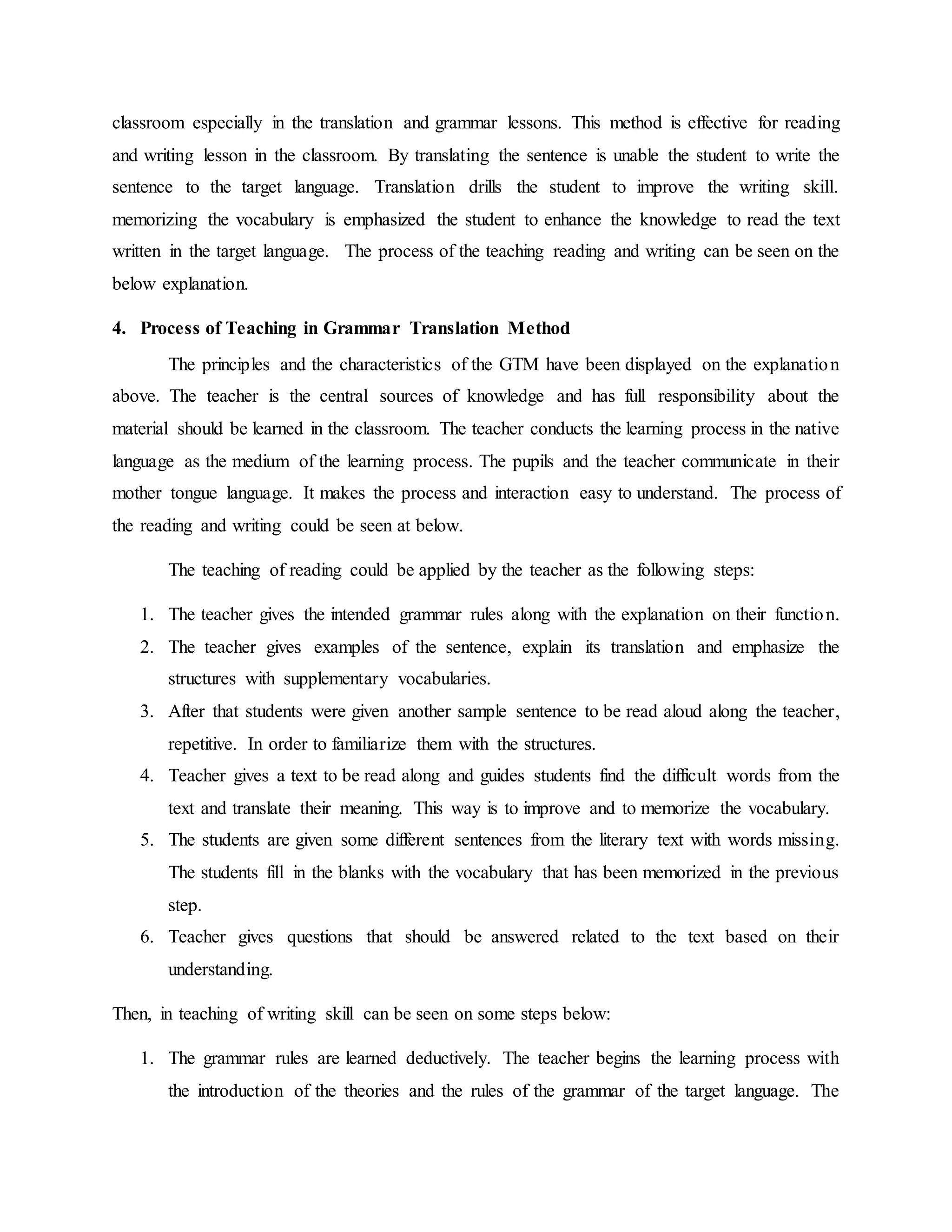 The Teaching of Reading and Writing using Grammar Translation Method | DOCX