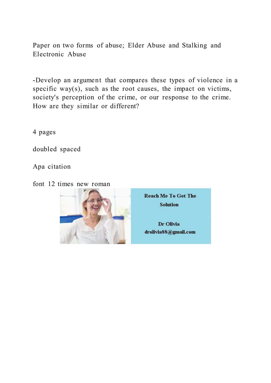 Paper on two forms of abuse; Elder Abuse and Stalking and Electronic | DOCX