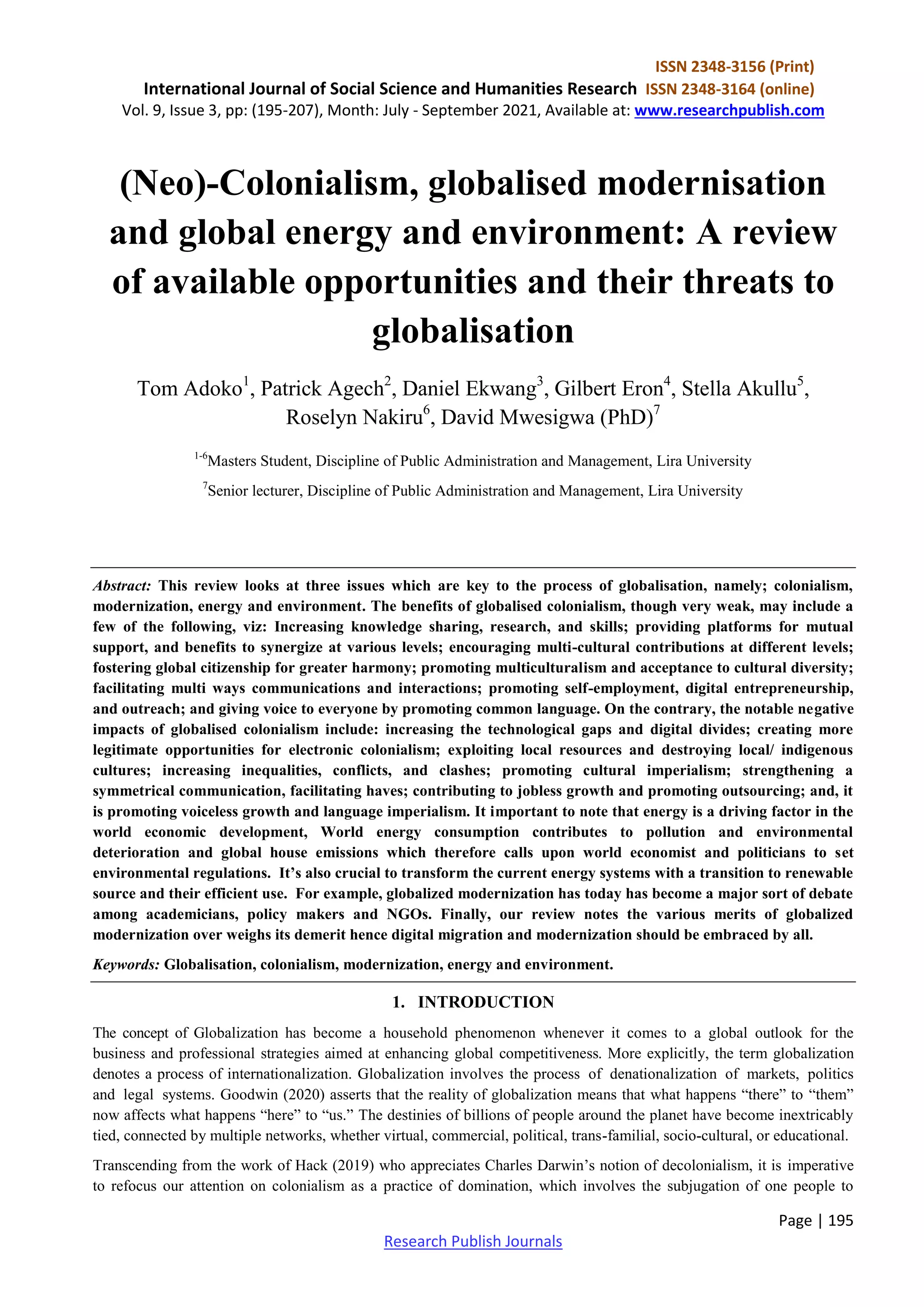 (Neo)-Colonialism, globalised modernisation and global energy and ...