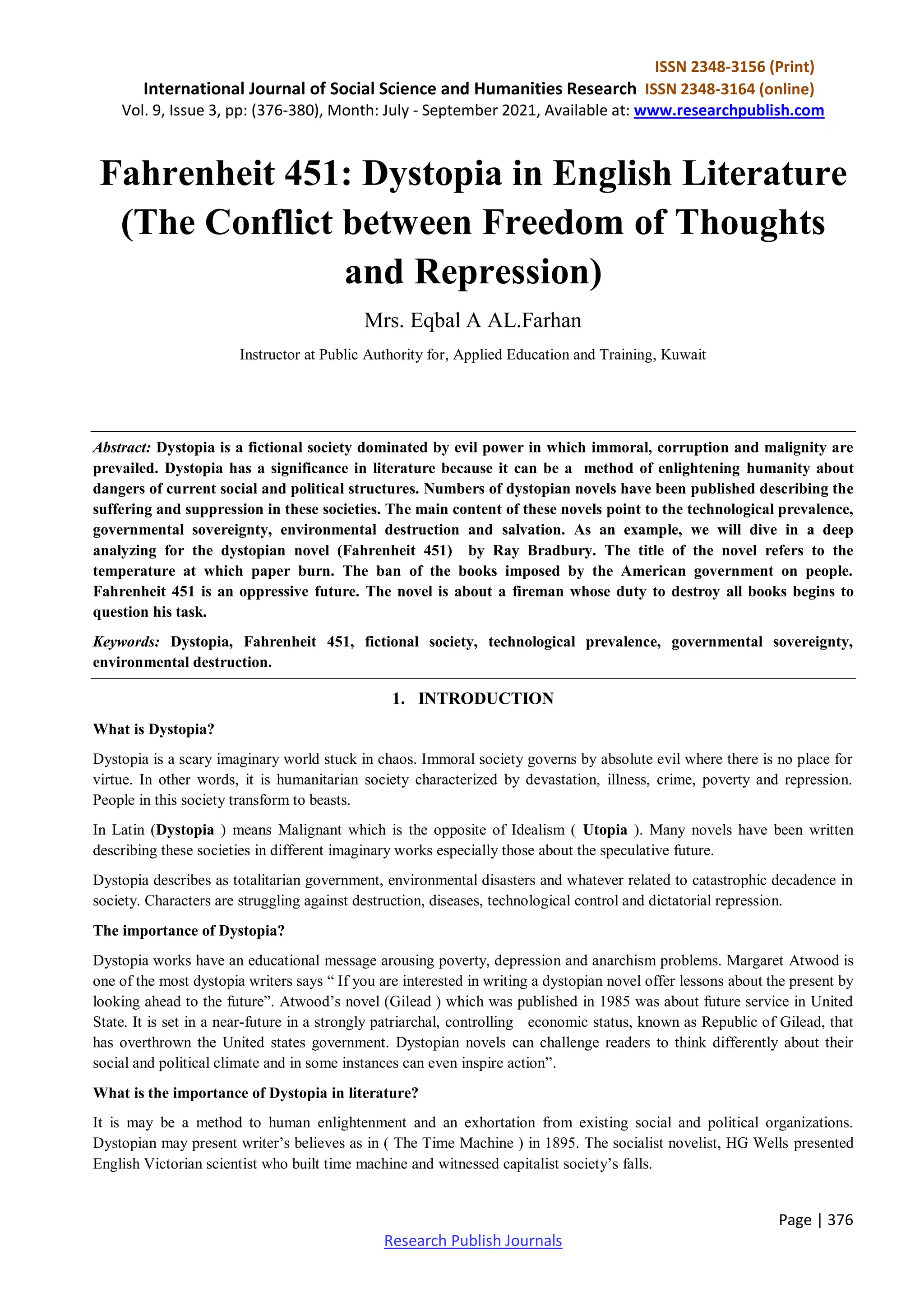 Fahrenheit 451: Dystopia in English Literature (The Conflict between ...