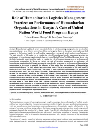 Role of Humanitarian Logistics Management Practices on Performance of Humanitarian Organizations ...