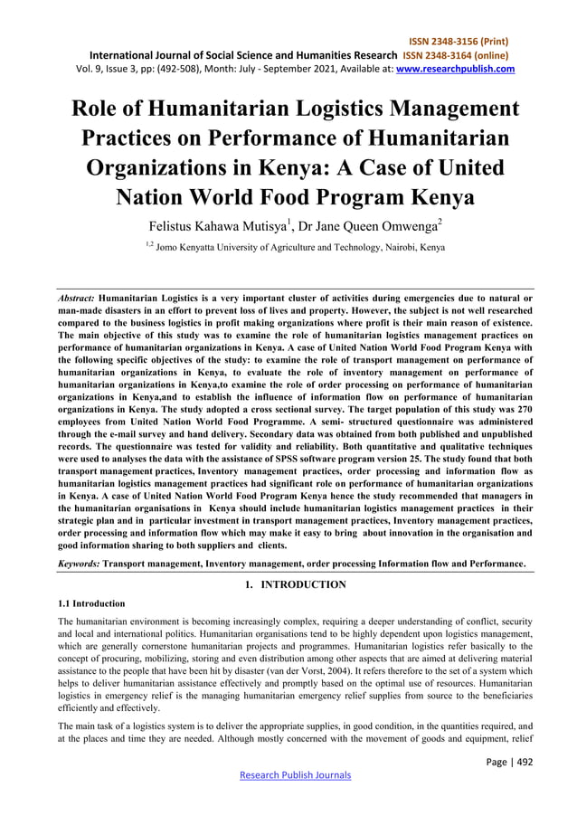 Role of Humanitarian Logistics Management Practices on Performance of ...