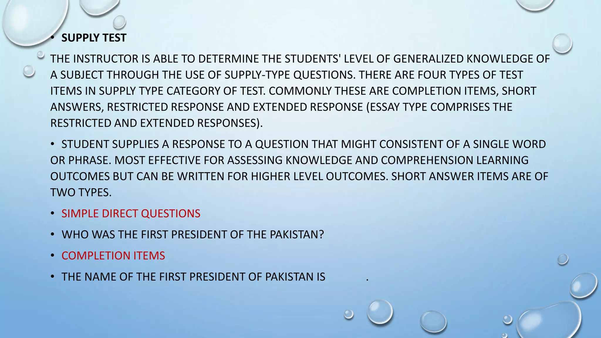 Paper pencil testing selection type items and supply type items | PPTX