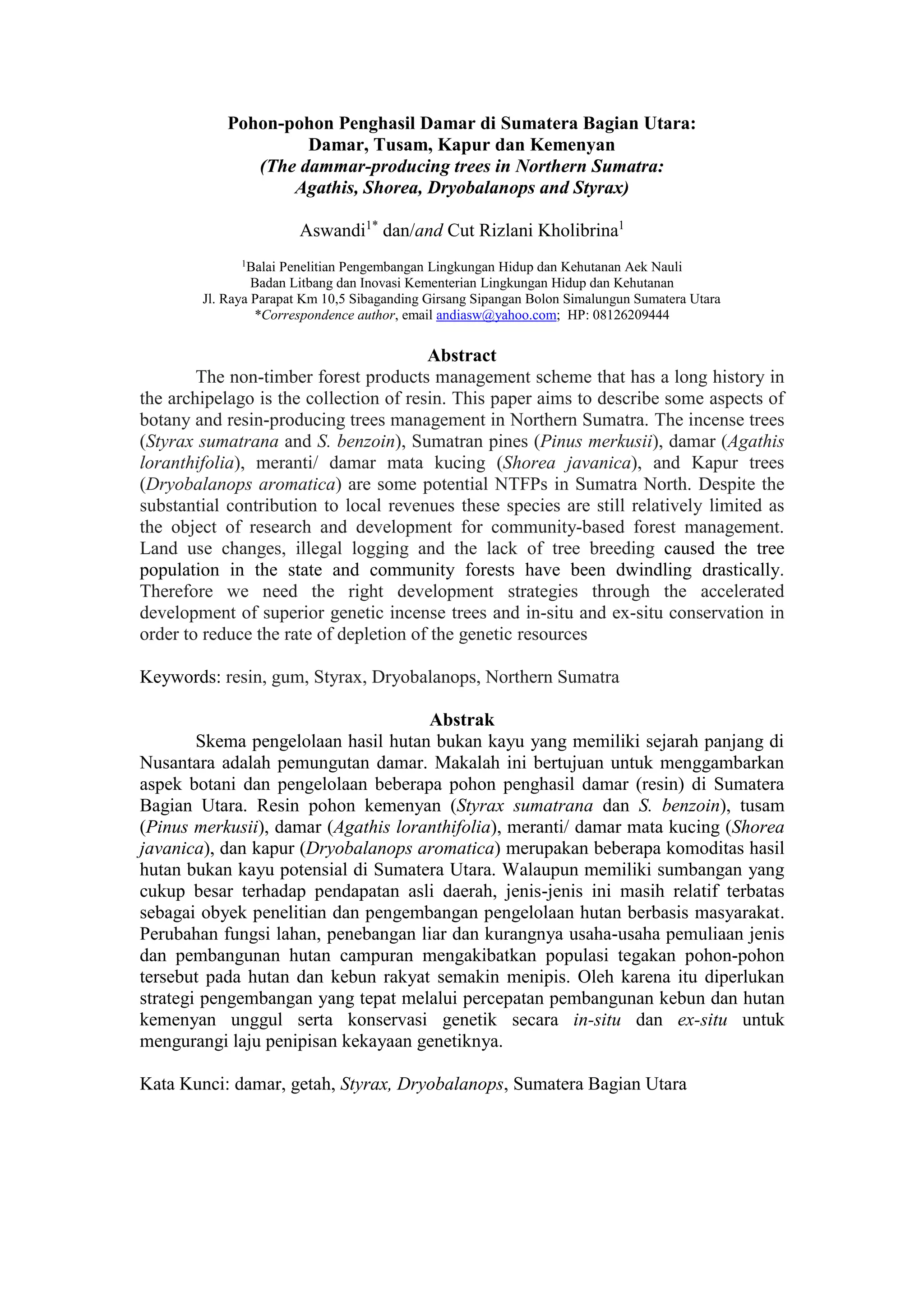 Pohon-pohon Penghasil Damar di Sumatera Bagian Utara | PDF