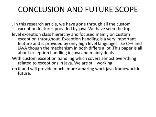 ANALYSIS OF USER DEFINED EXCEPTION AND ITS OPTIMIZATION IN JAVA FRAMEWORK | PPT