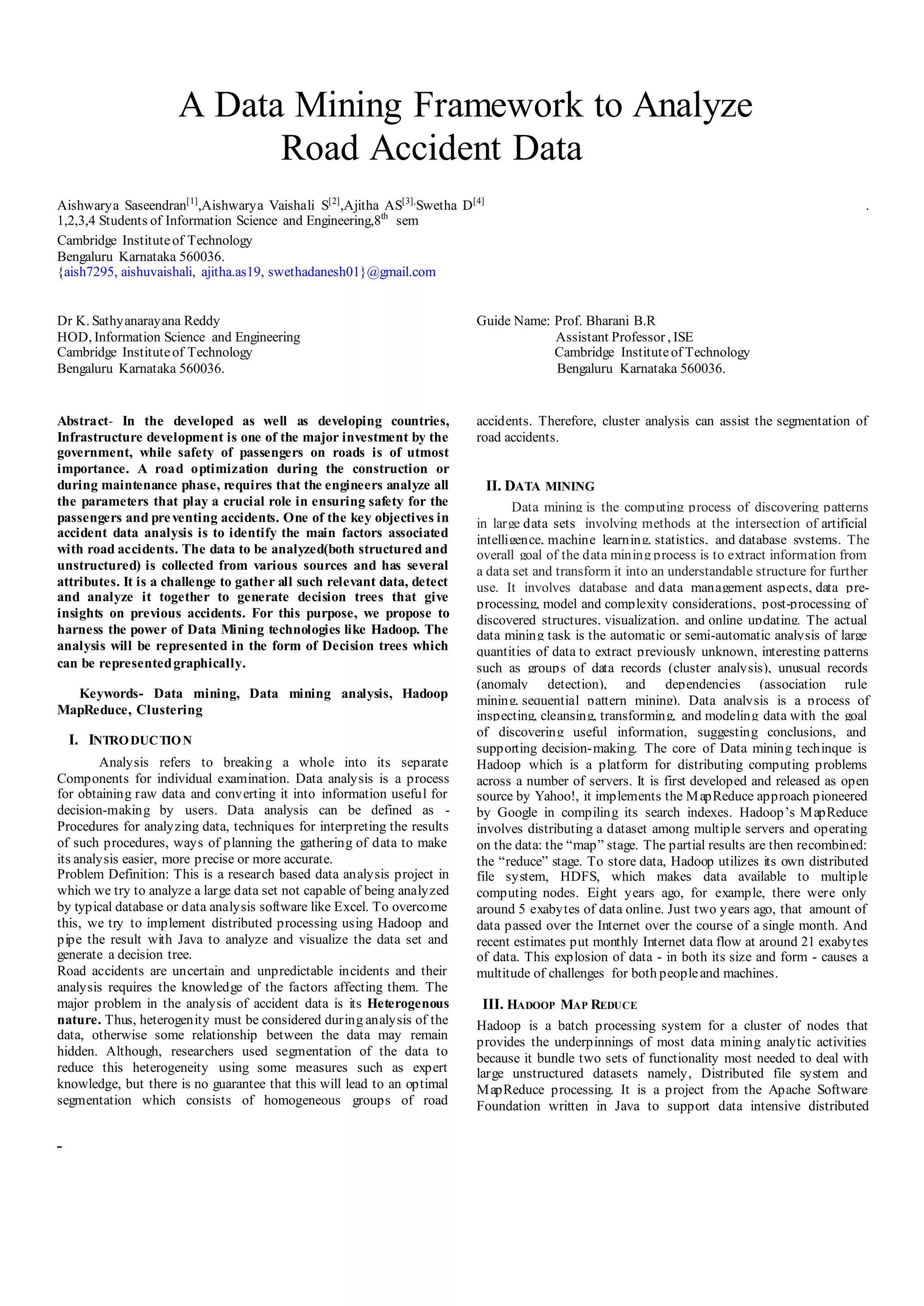 DATA MINING FRAMEWORK TO ANALYZE ROAD ACCIDENT DATA | DOCX