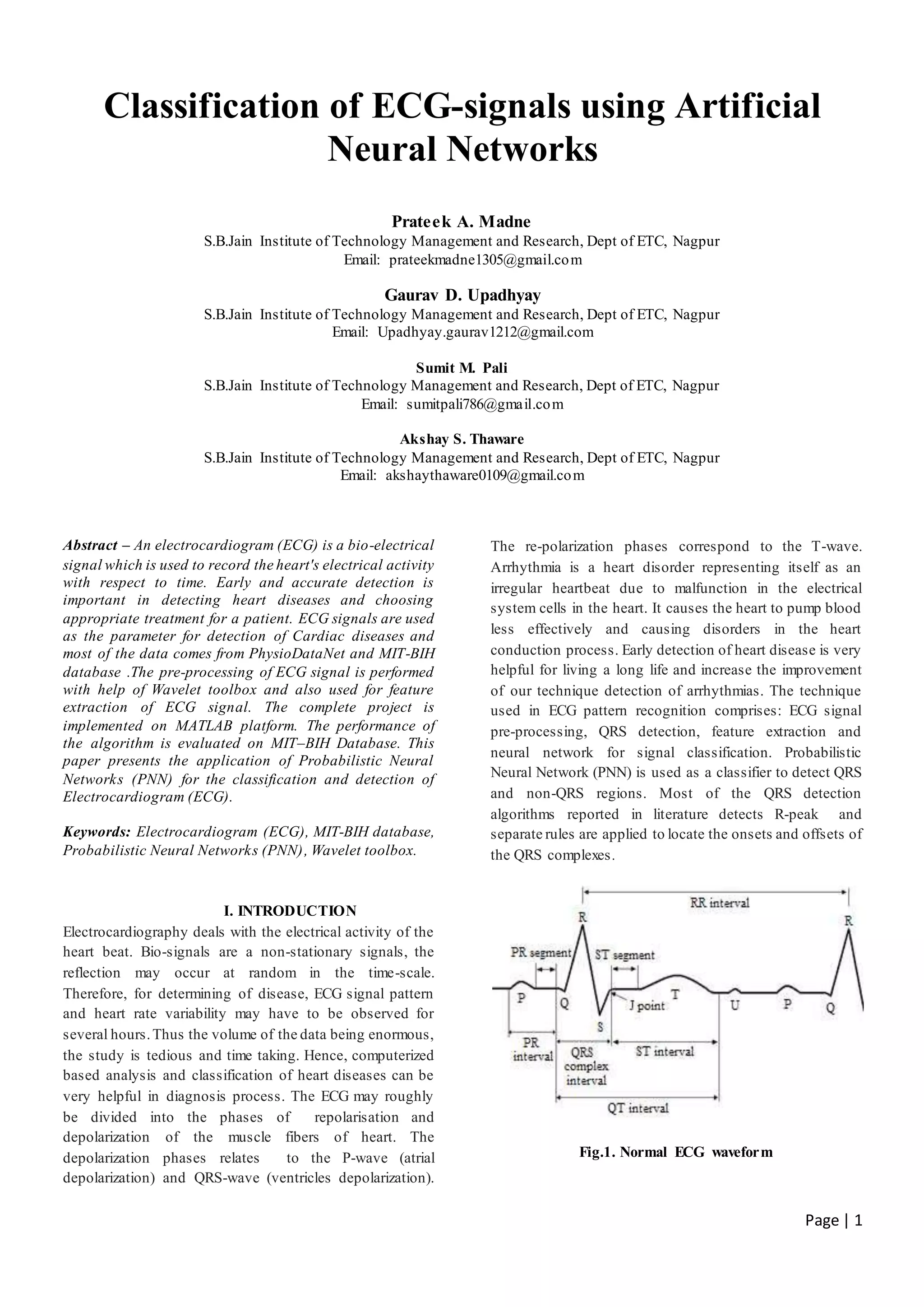 Classification And Detection Of Ecg Signals Using Artificial Neural