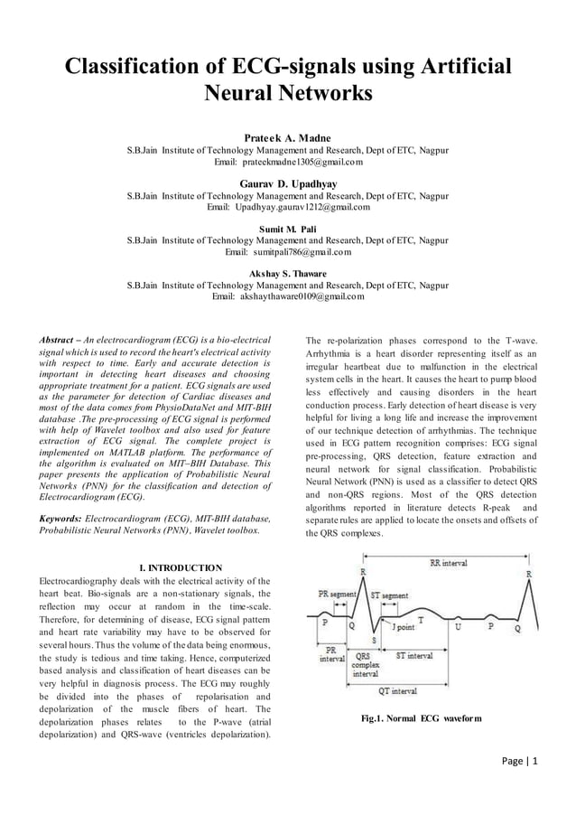Classification And Detection Of Ecg Signals Using Artificial Neural