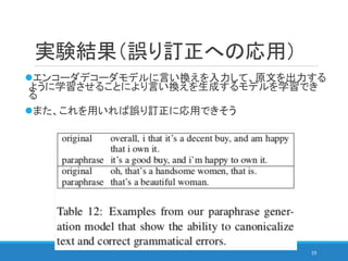 [論文紹介] PARANMT-50M- Pushing the Limits of Paraphrastic Sentence ...