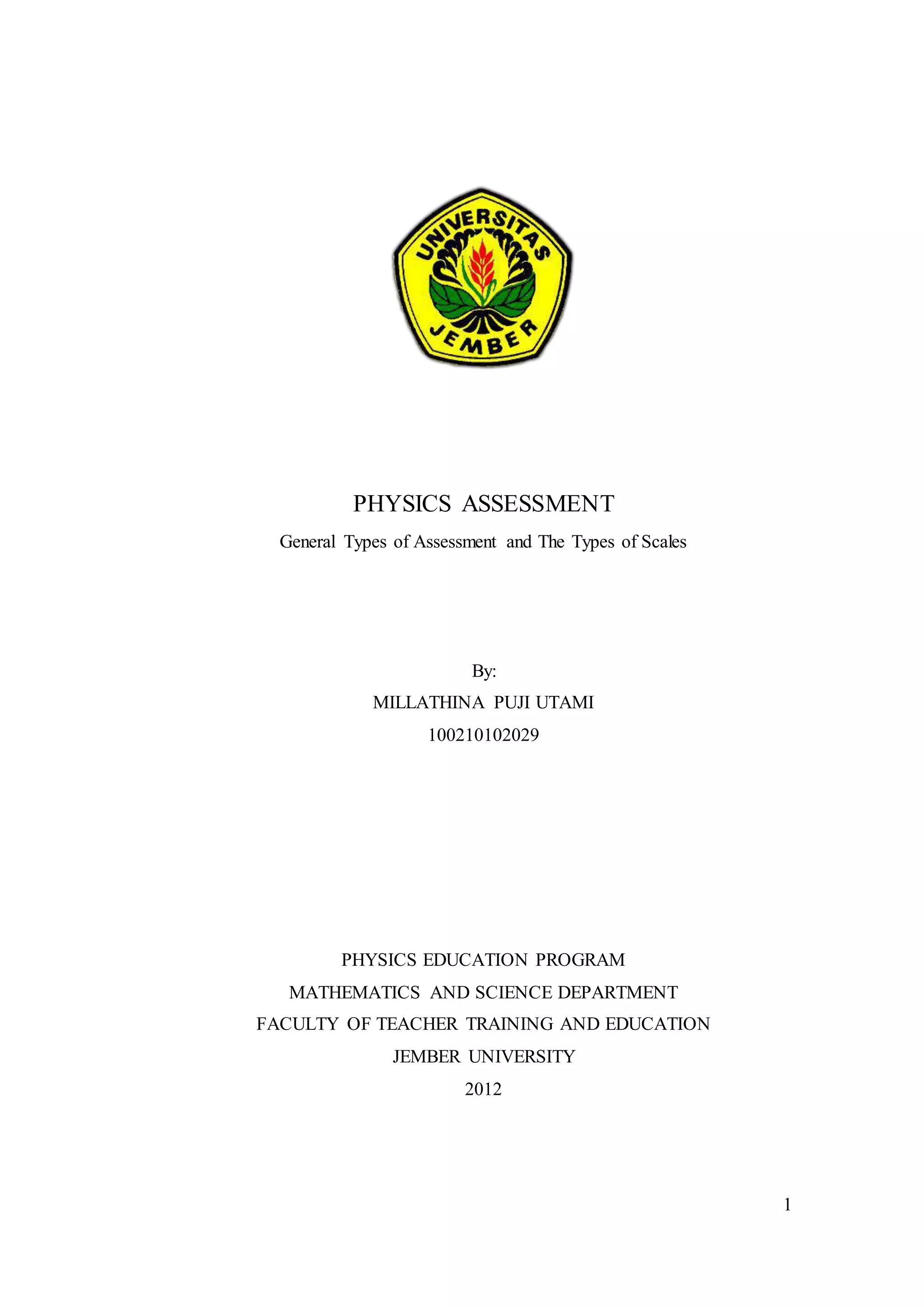 PHYSICS ASSESSMENT General Types of Assessment and The Types of Scales | DOCX