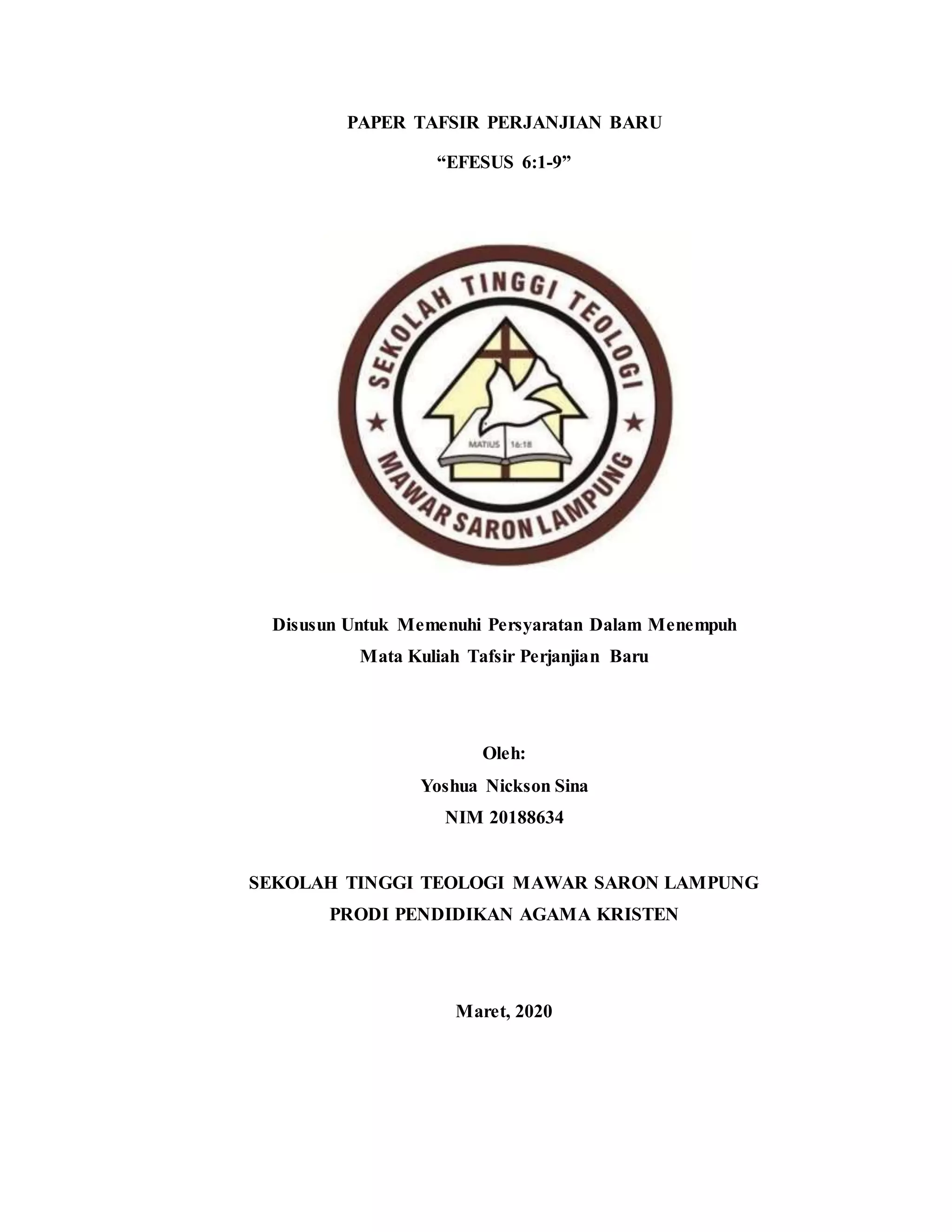 Paper Tafsir Perjanjian Baru, Efesus 6:1-9, Yoshua Nickson Sina | PDF