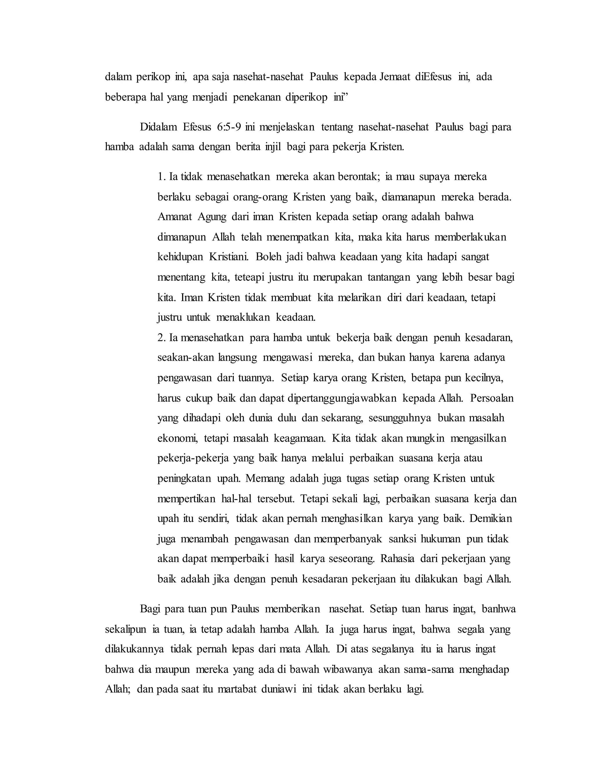 Paper Tafsir Perjanjian Baru, Efesus 6:1-9, Yoshua Nickson Sina | PDF