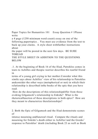 Paper Topics for Humanities 101 Essay Question # 1Pleas.docx