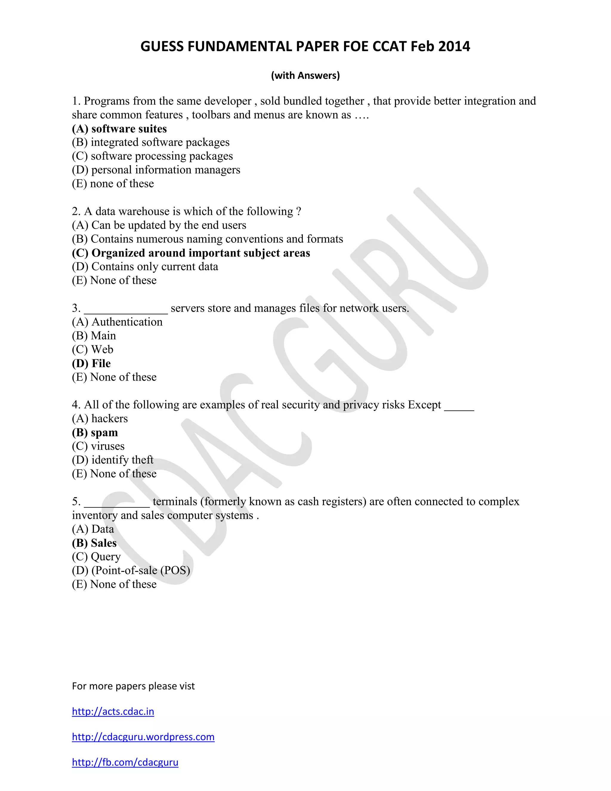 GUESS FUNDAMENTAL PAPER FOE CCAT Feb 2014 | PDF | Databases | Computer ...