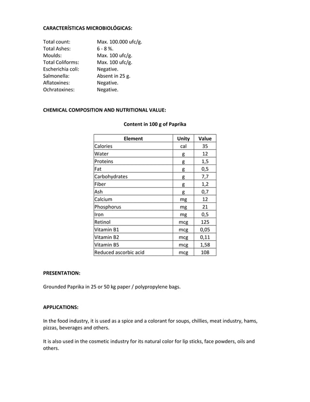 Paprika powder. Technical file | DOC | Nutrition | Healthy Living
