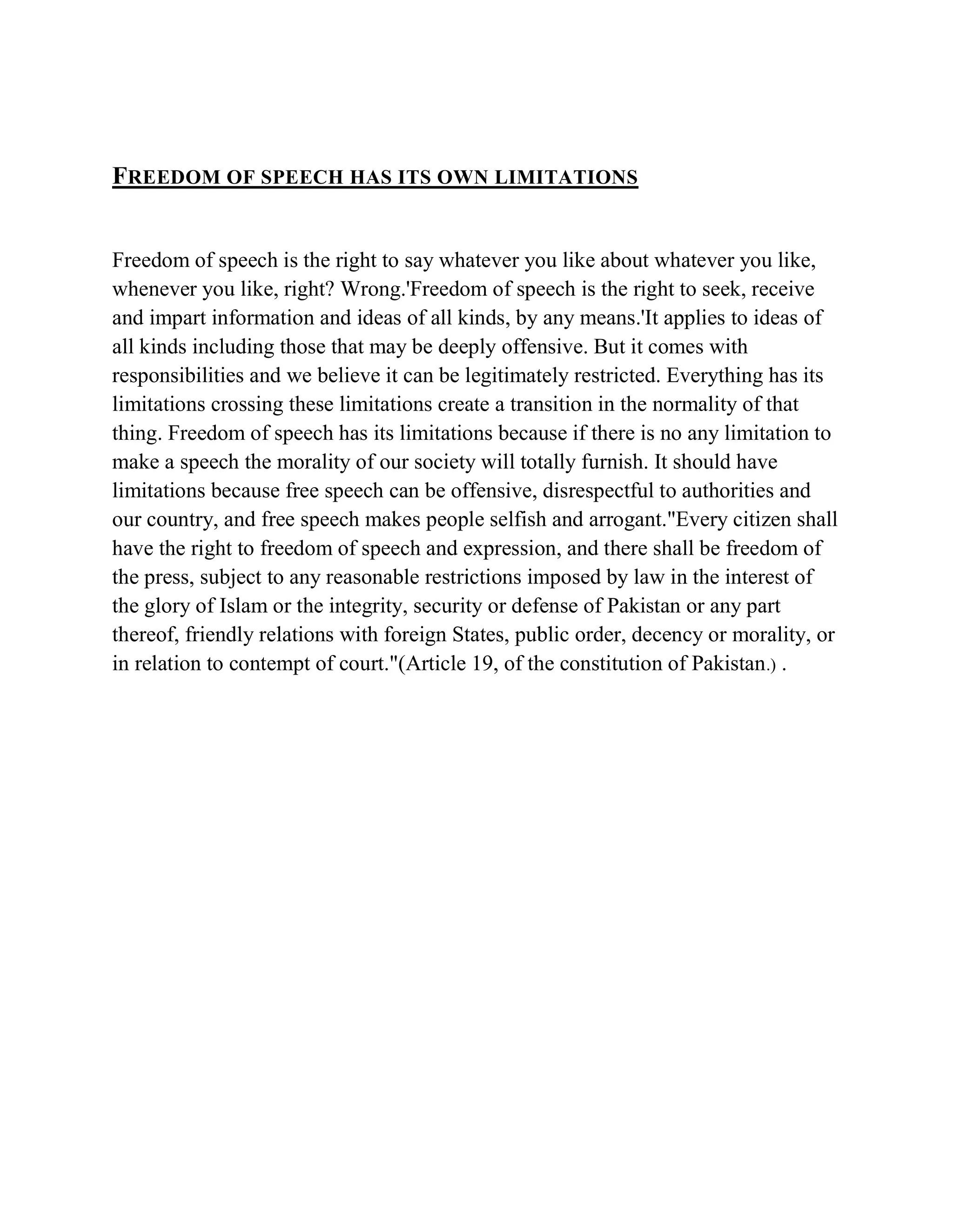 Freedom of Speech has its own Limitations | PDF
