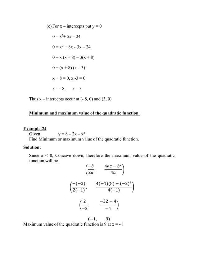 Parabola direction , vertex ,roots, minimum and maximum | PDF