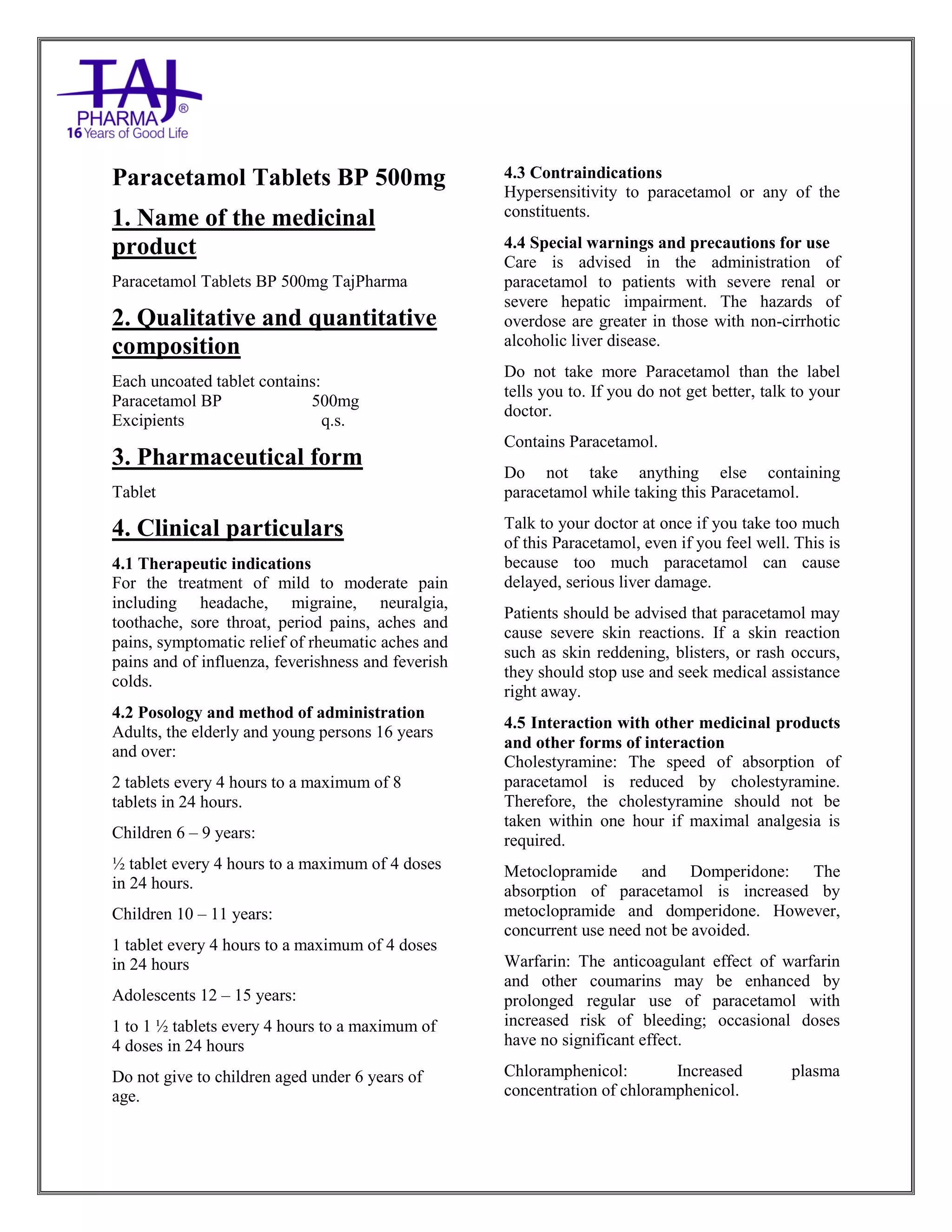 Paracetamol Tablets BP Taj Pharma SmPC | PDF