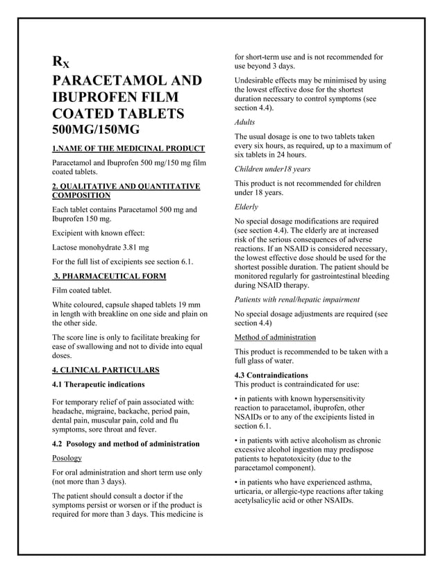 Paracetamol and ibuprofen 500 mg and 150 mg film coated tablets smpc ...