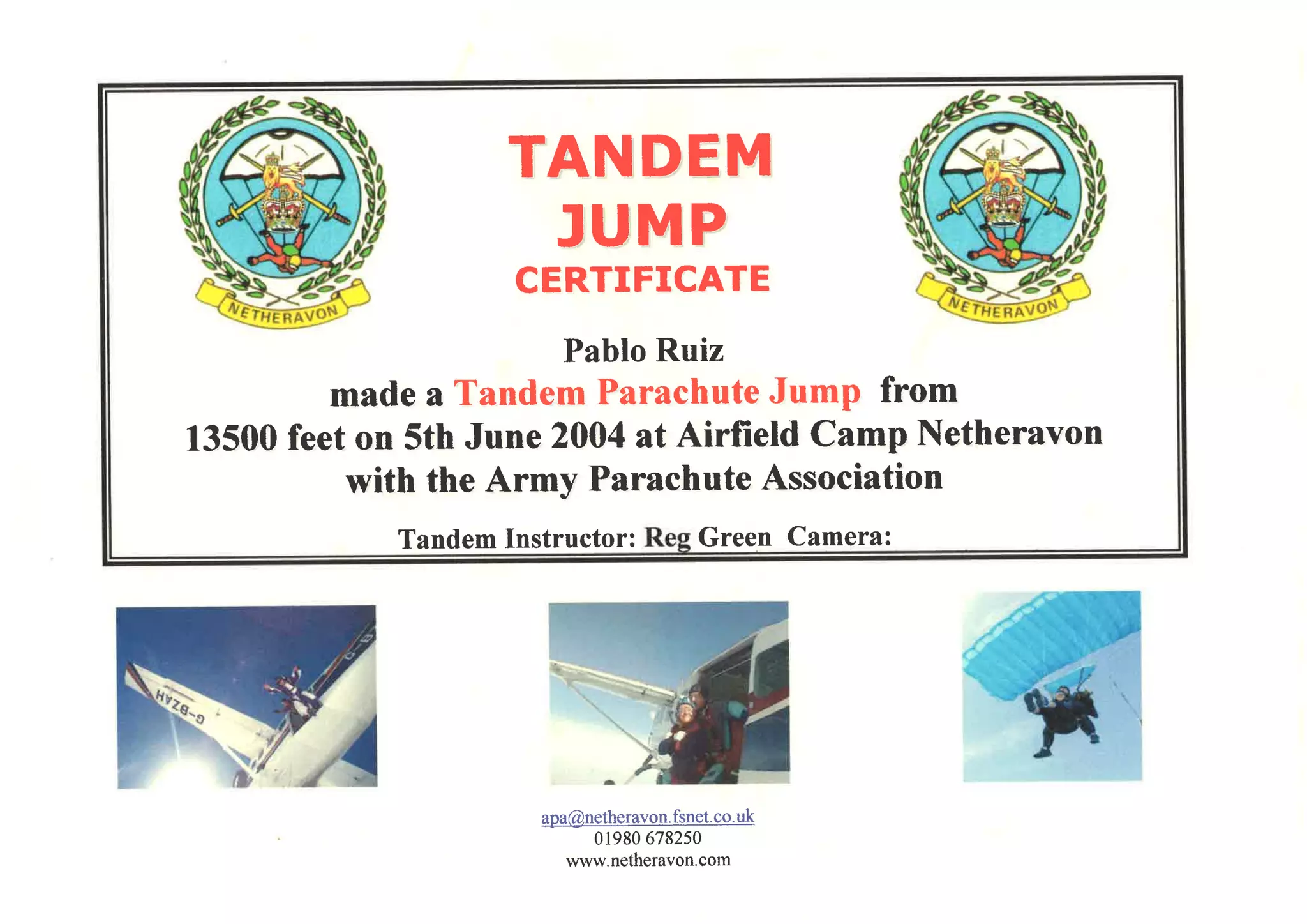 Parachute Jump Certificate 2004 - Pablo Ruiz Amo | PDF