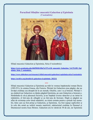 Paraclisul Sfinţilor mucenici Galaction şi Epistimia (5 noiembrie) | PDF