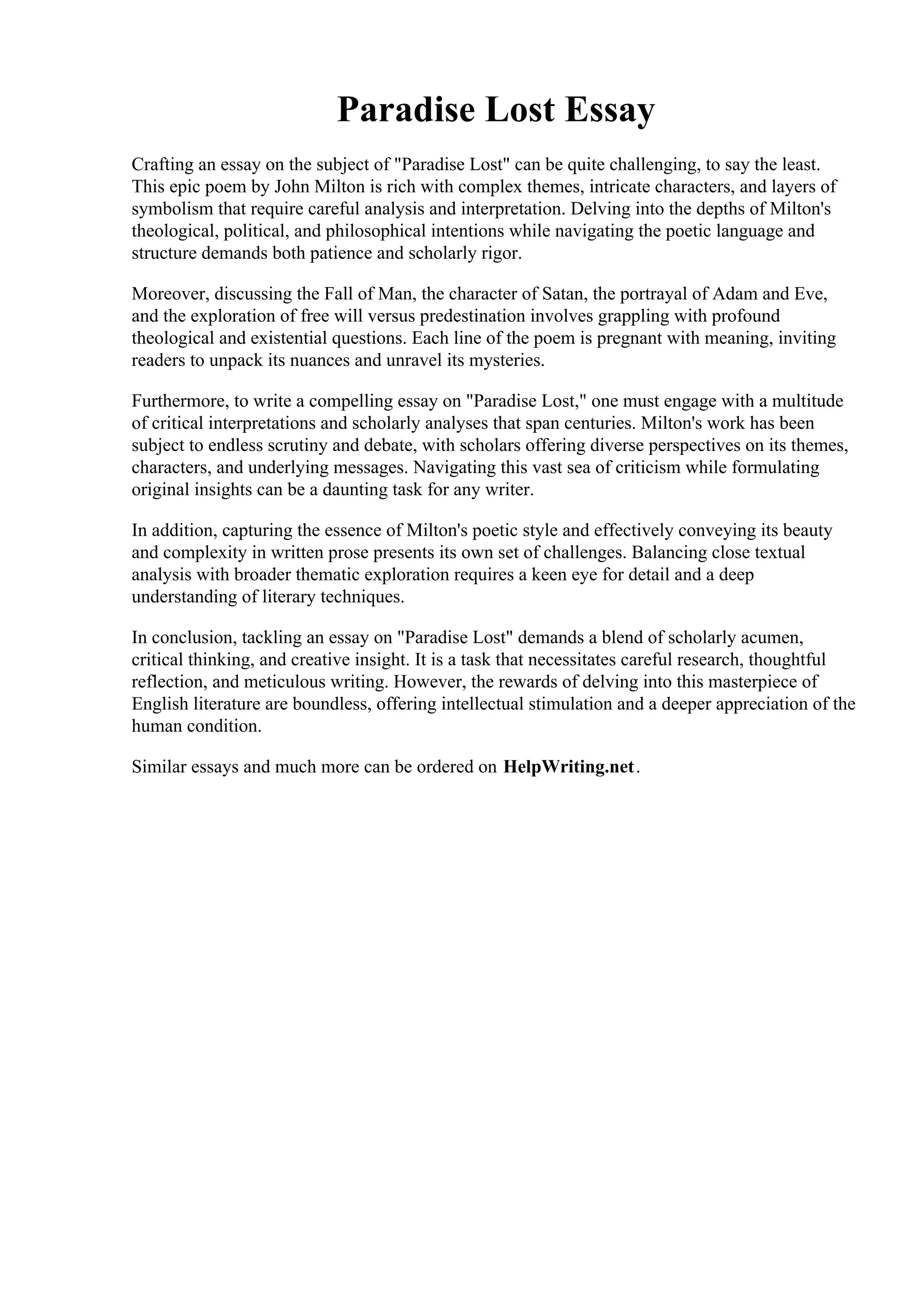 Paradise Lost Essay. Paradise Lost as a Masterpiece in English ...