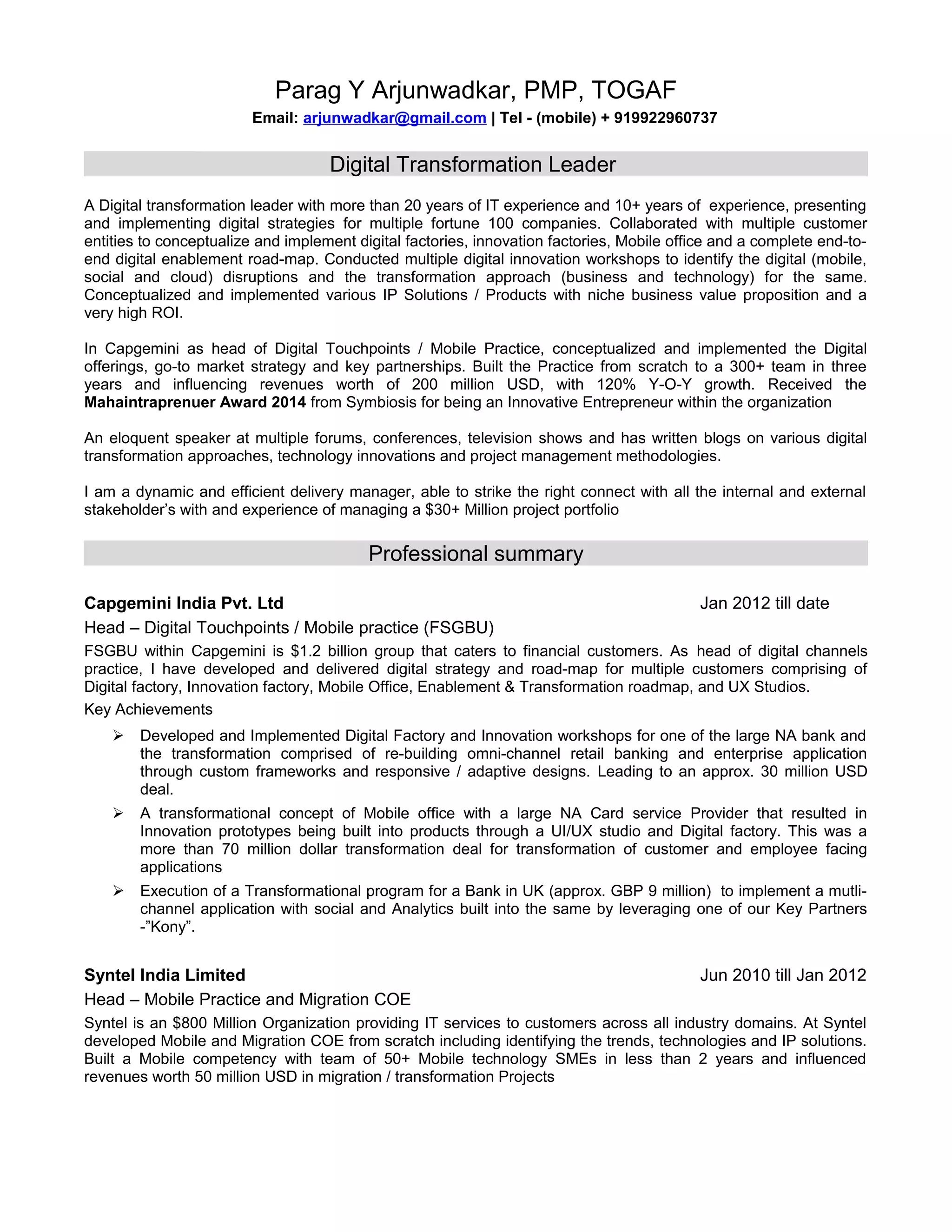 Resume of a Digital Transformation Leader | DOC