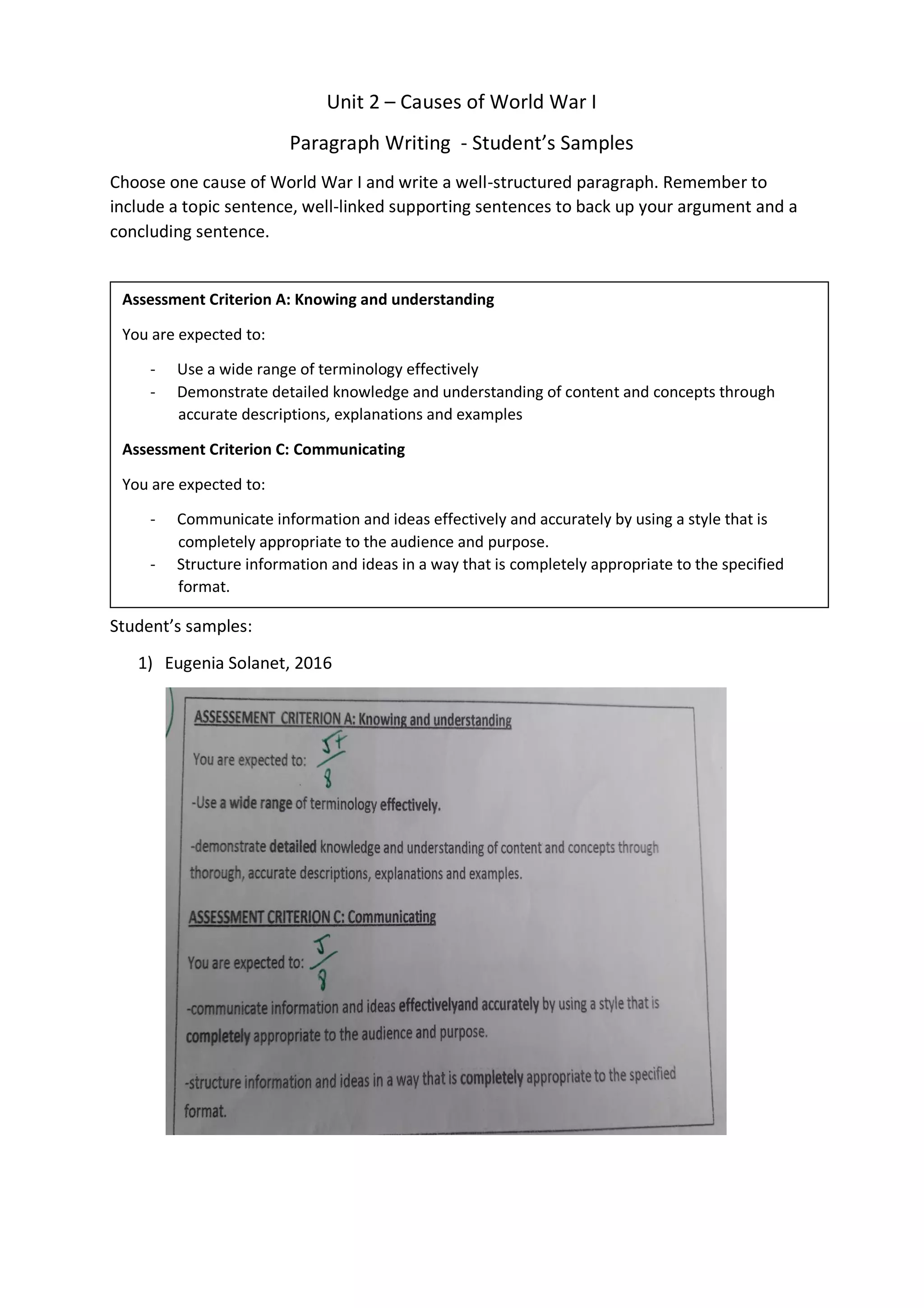 History Paragraph Writing Samples Causes of WWI | PDF