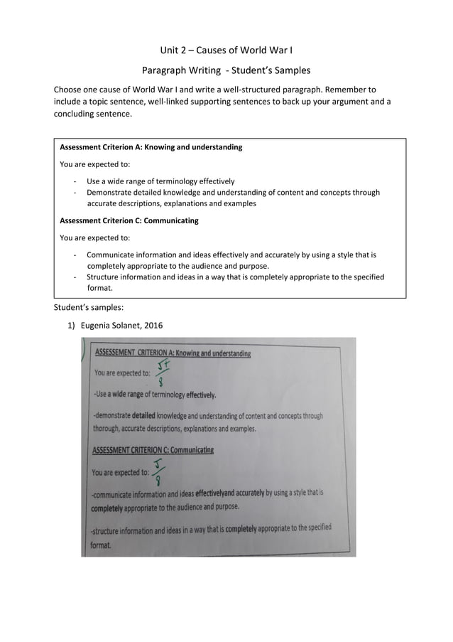 History Paragraph Writing Samples Causes of WWI | PDF