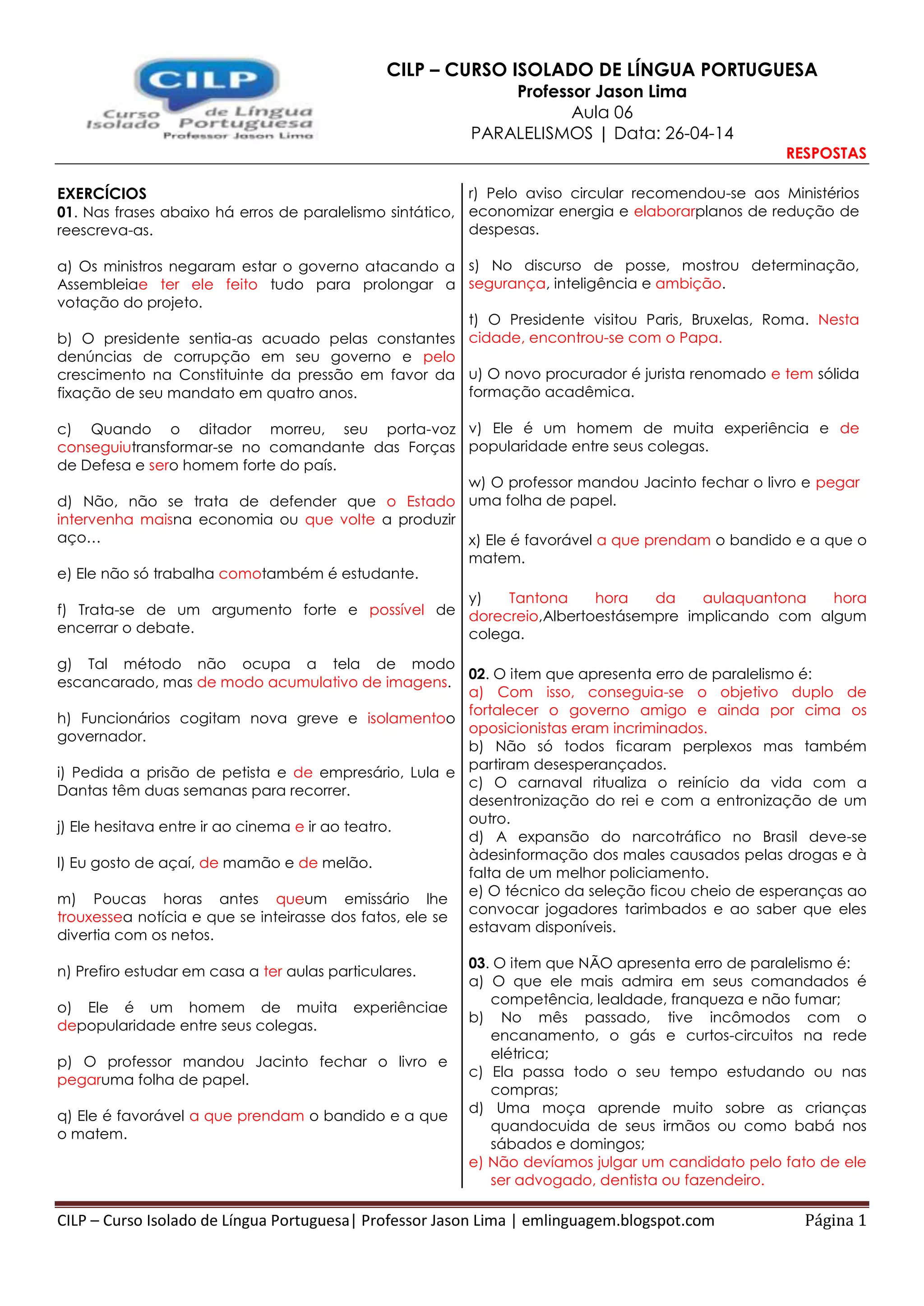 Paralelismos - exercícios - respostas | DOCX