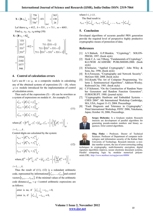 Parallel generators of pseudo random numbers with control of calculation errors