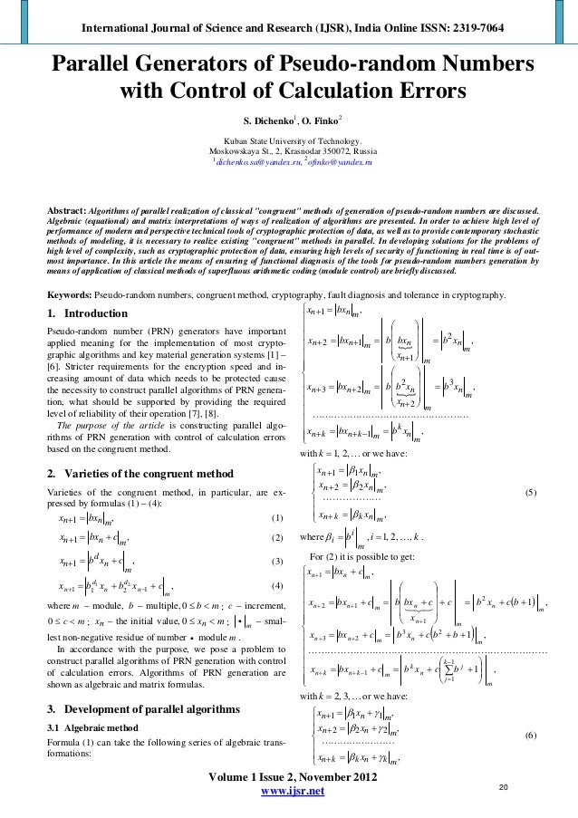 Parallel generators of pseudo random numbers with control of calculat…
