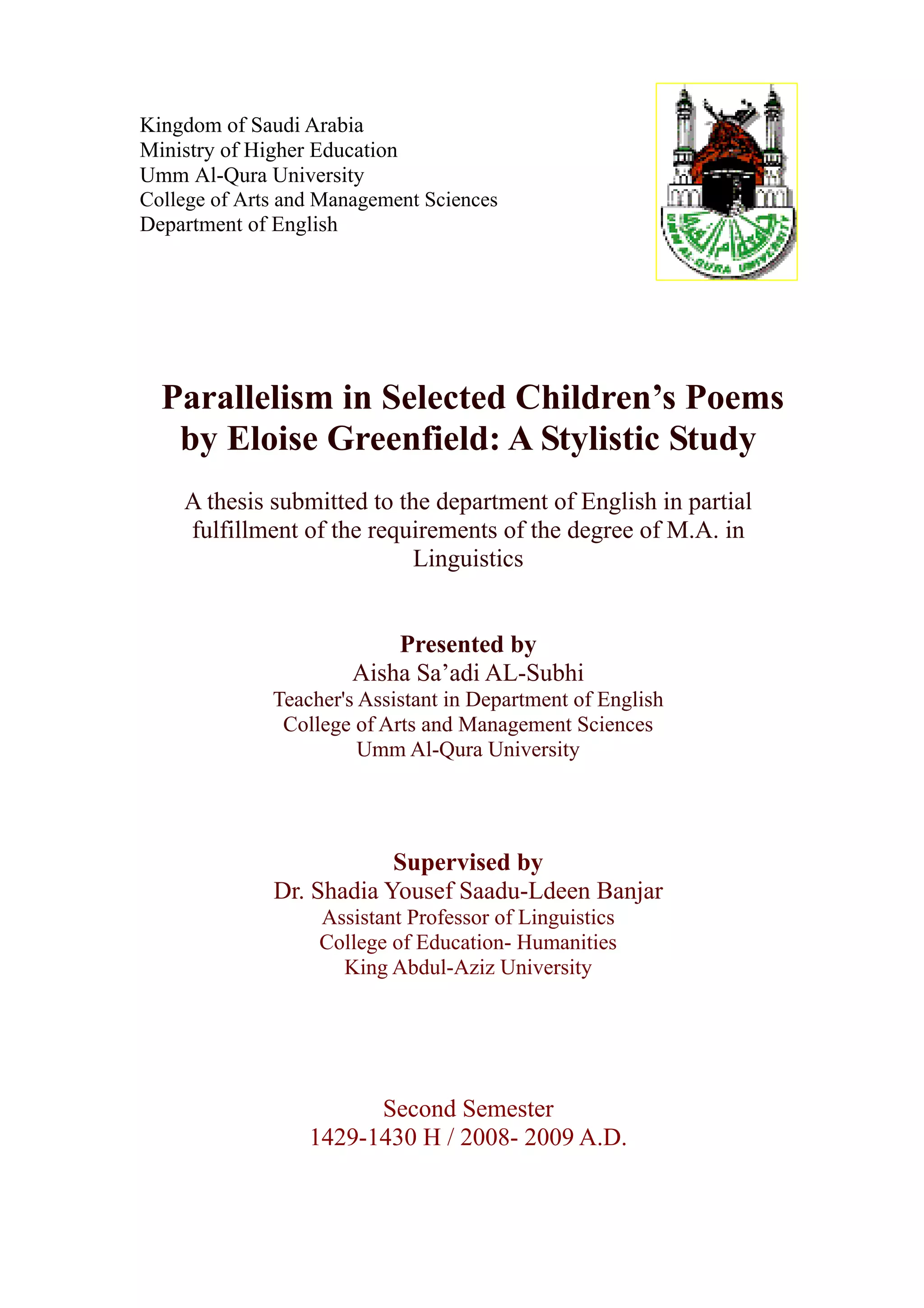 Parallelism in selected children’s poems.presented by aisha sa’adi al ...