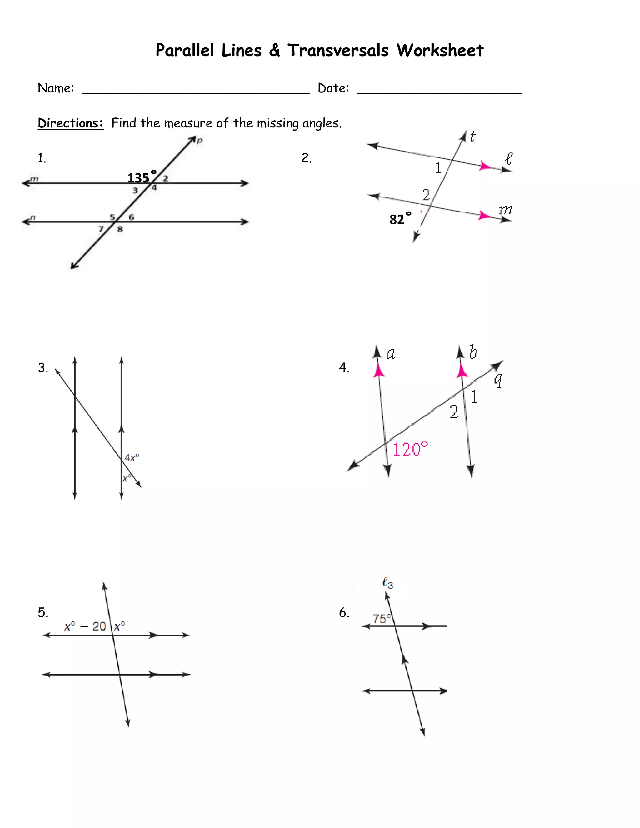 Parallel lines and transversals wkst | PDF